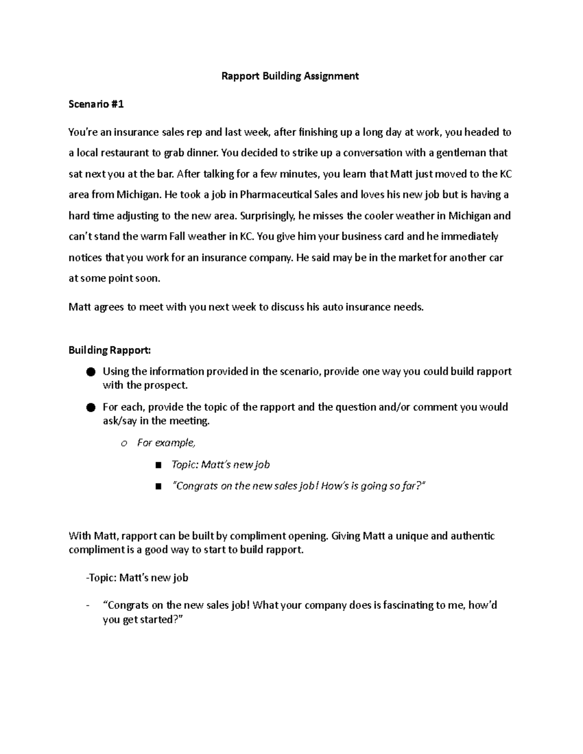 Rapport Assignment - Rapport Building Assignment Scenario # You’re an ...