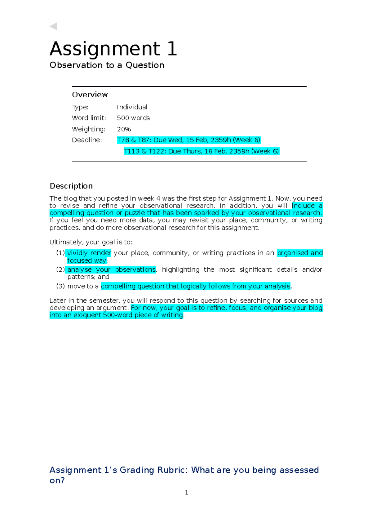 CC0001 - Guidelines for Assignment 1 - Assignment 1 Observation to a ...