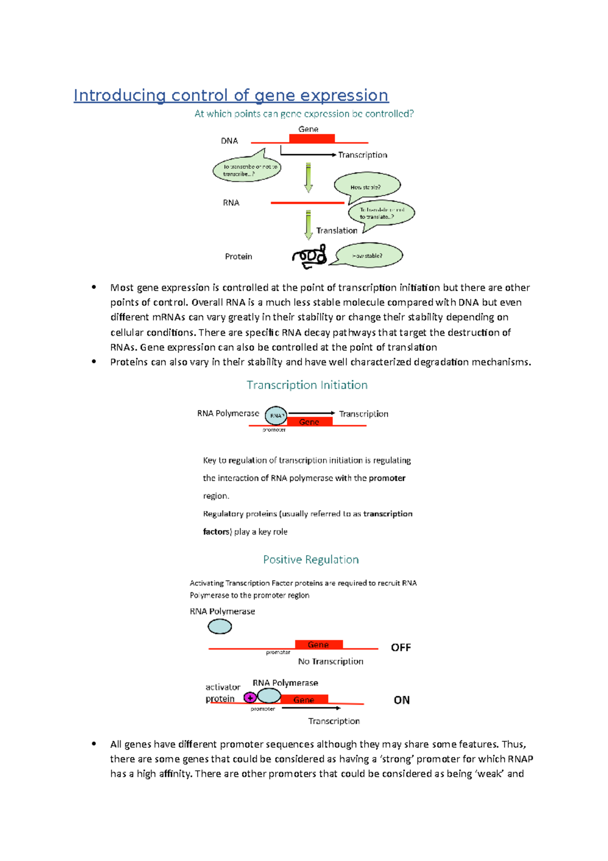 Gene expression - Lecture notes 6 - Introducing control of gene ...
