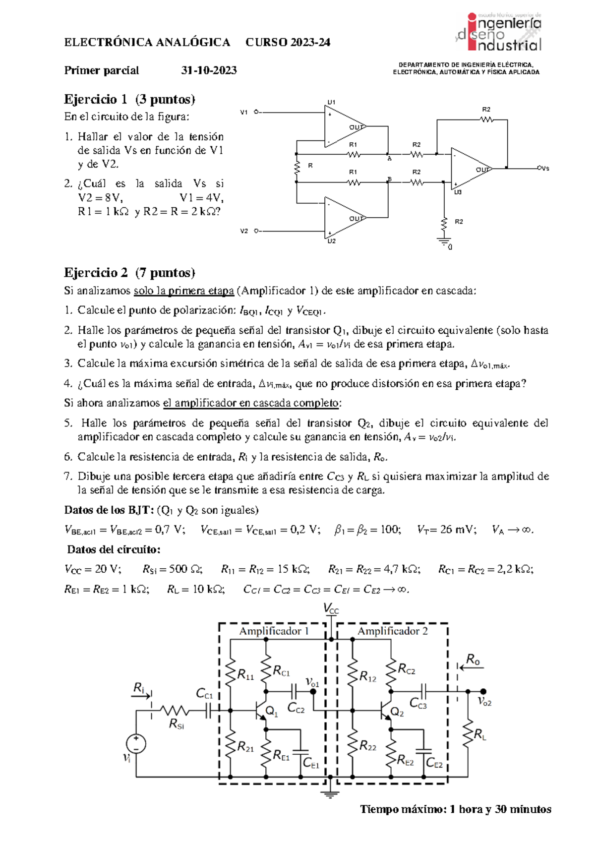 Primer parcial EA 2023-24 - ELECTRÓNICA ANALÓGICA CURSO 2023 - 24 ...