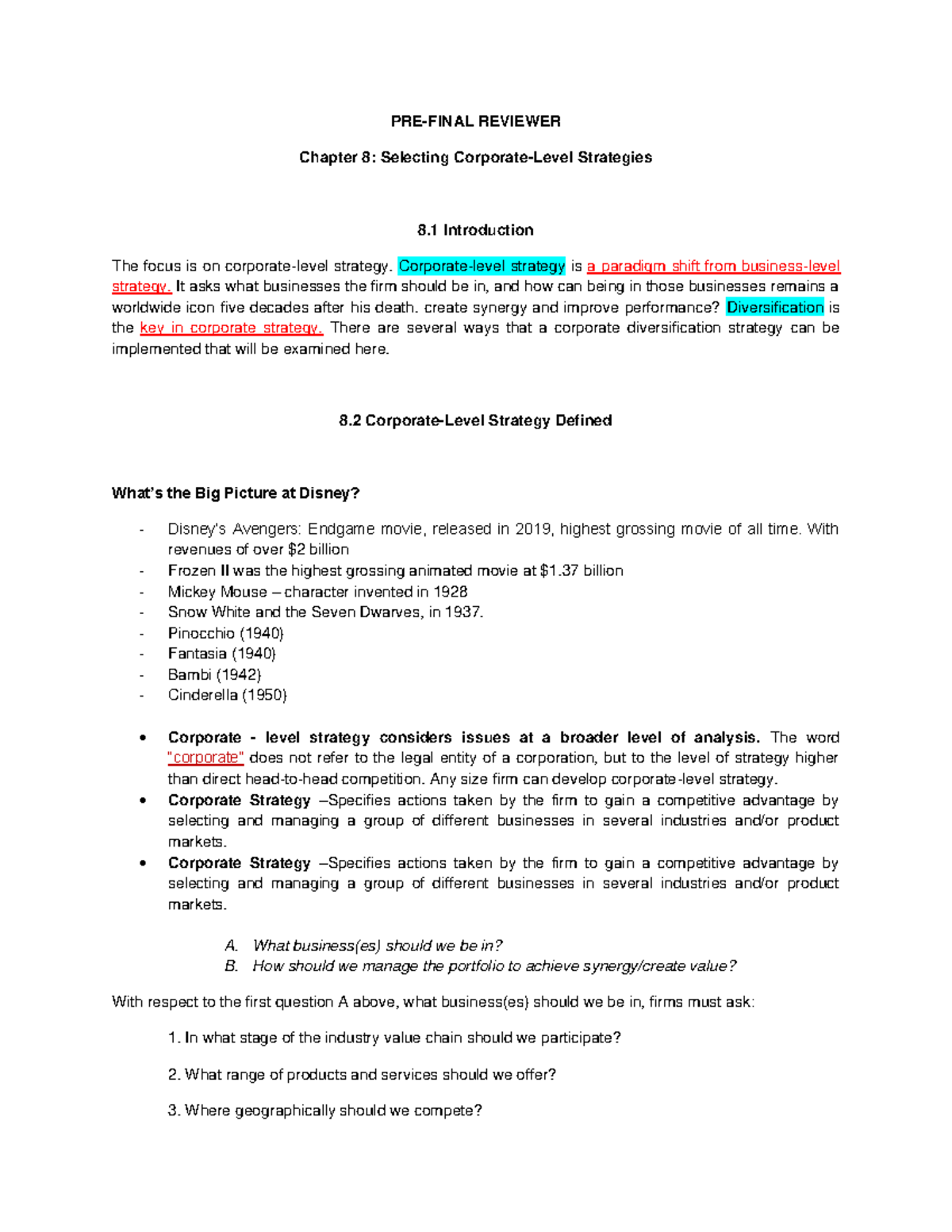 Strat MA Reviewer Chapter 8 - PRE-FINAL REVIEWER Chapter 8: Selecting Corporate-Level Strategies ...