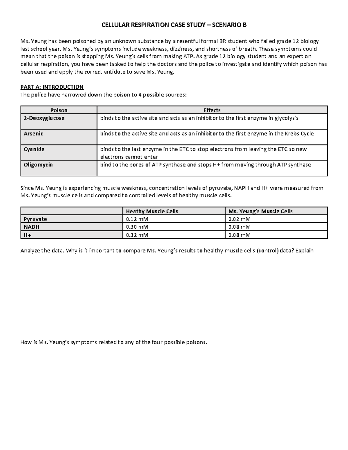 Cellular Respiration CASE Study B - CELLULAR RESPIRATION CASE STUDY ...