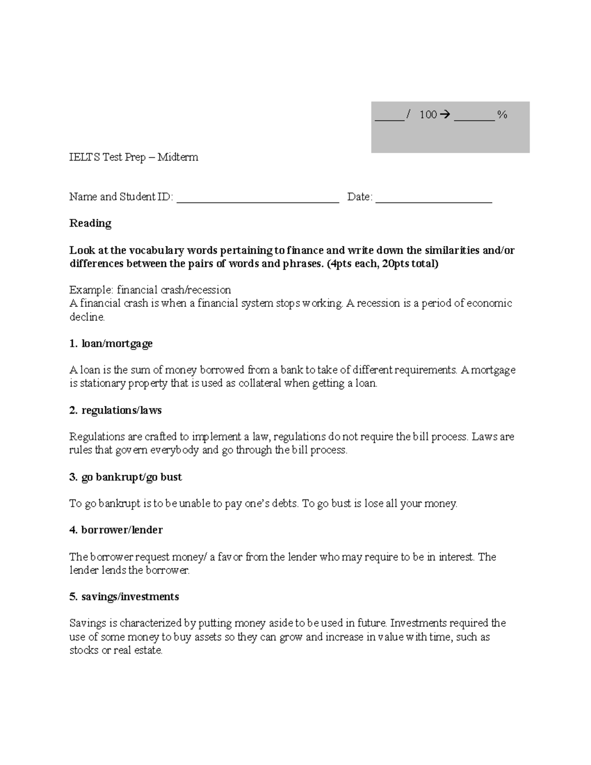 ESL - IELTS Test Preparation. - IELTS Test Prep – Midterm Name and ...