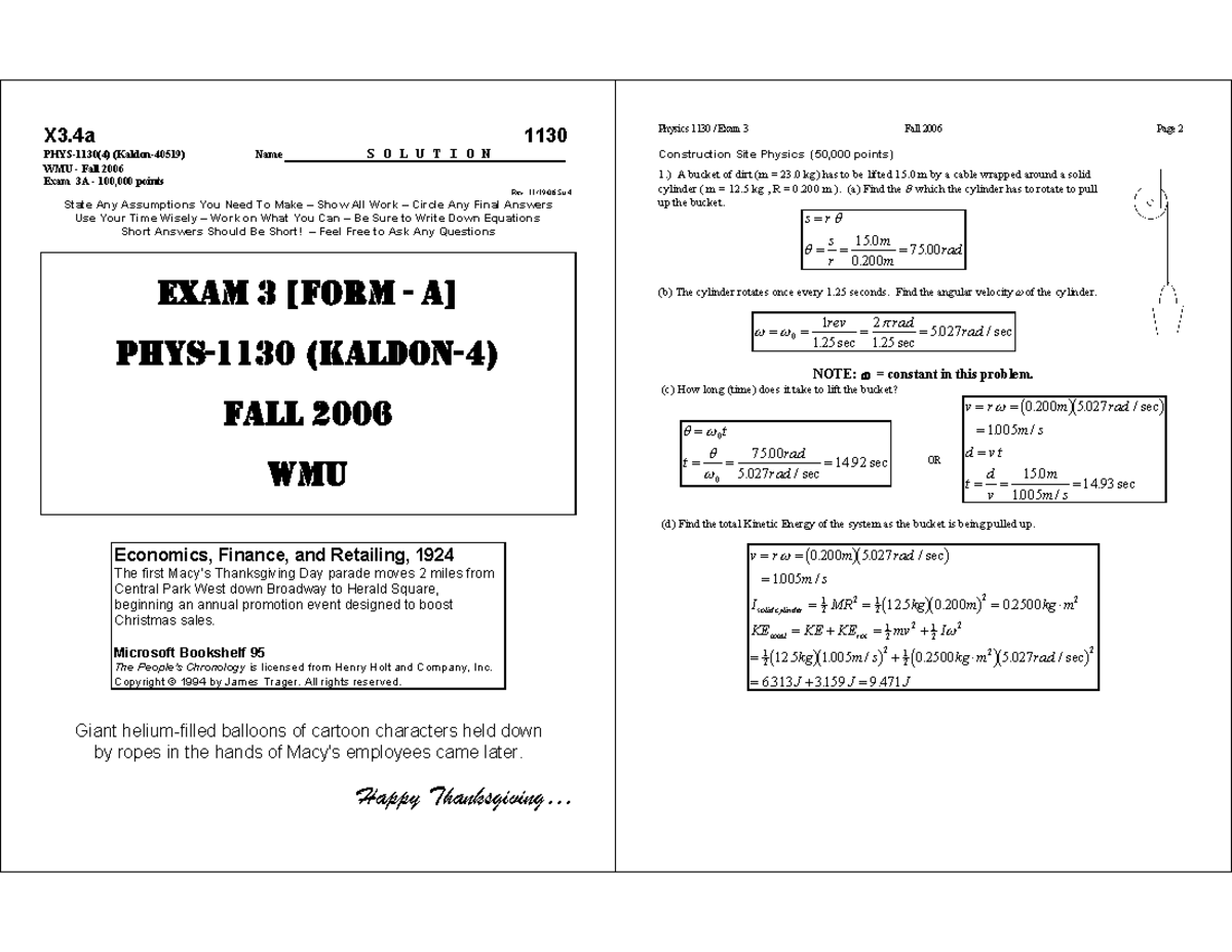 Exam Fall 2008, questions and answers - X3 1130 PHYS-1130(4) (Kaldon-40519) Name __________S O L ...