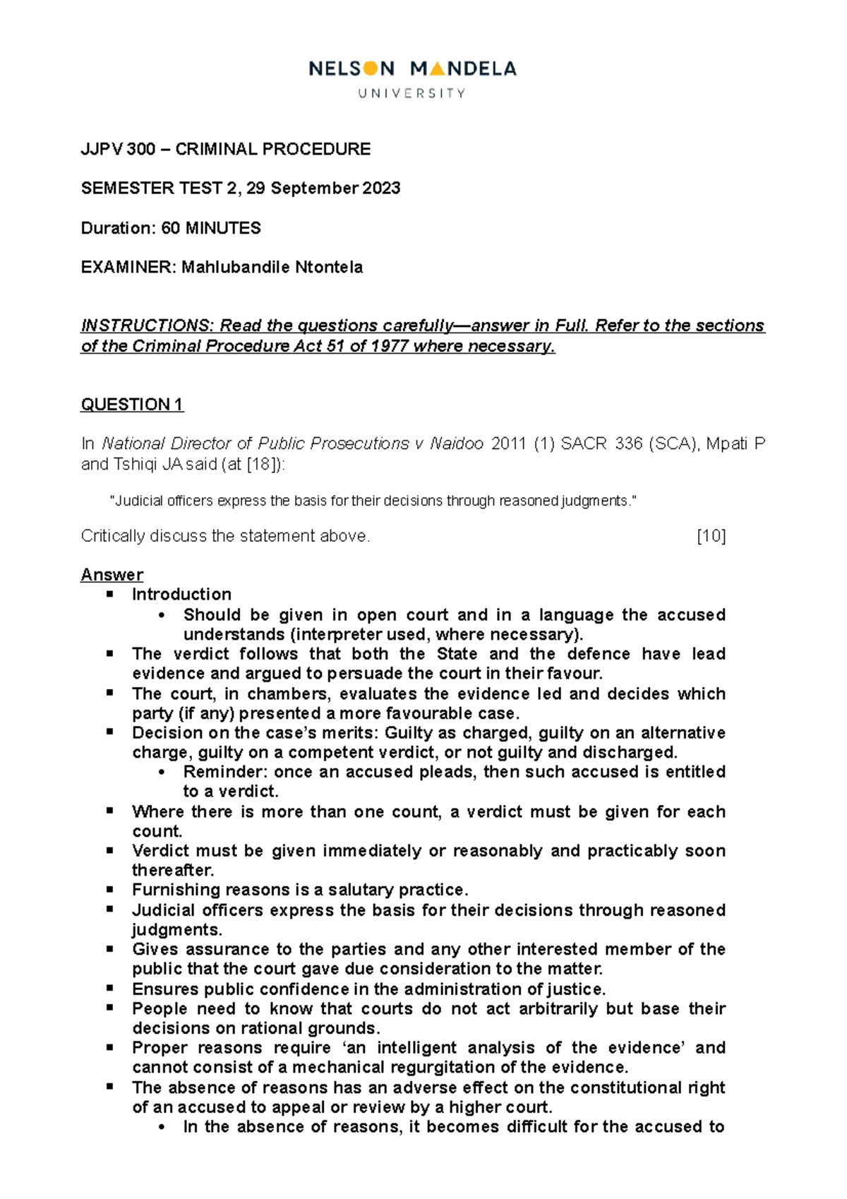 Test 4 Question and Memo - JJPV 300 – CRIMINAL PROCEDURE SEMESTER TEST ...