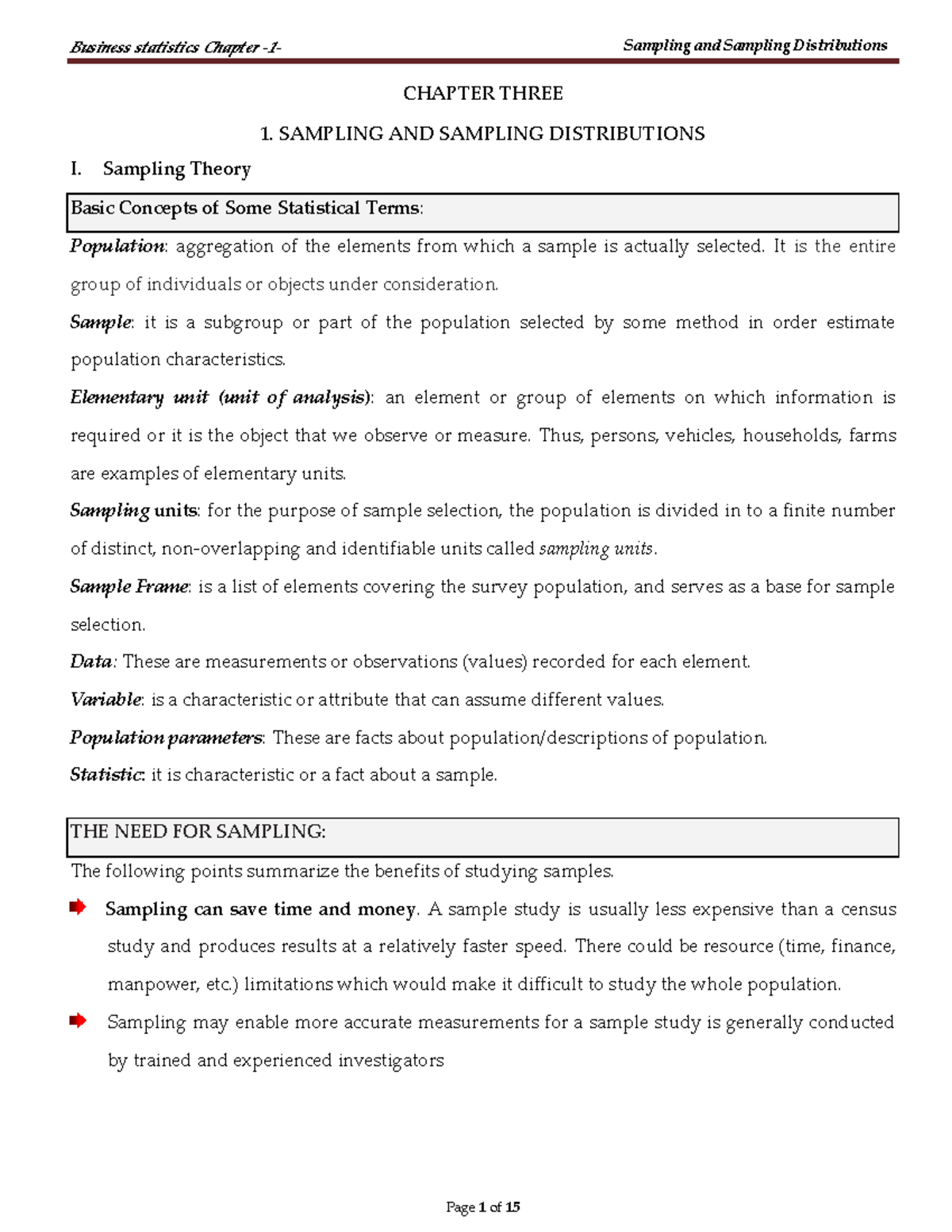 Business STAT CH 1 - well - ####### CHAPTER THREE I. Sampling Theory Basic Concepts of Some ...