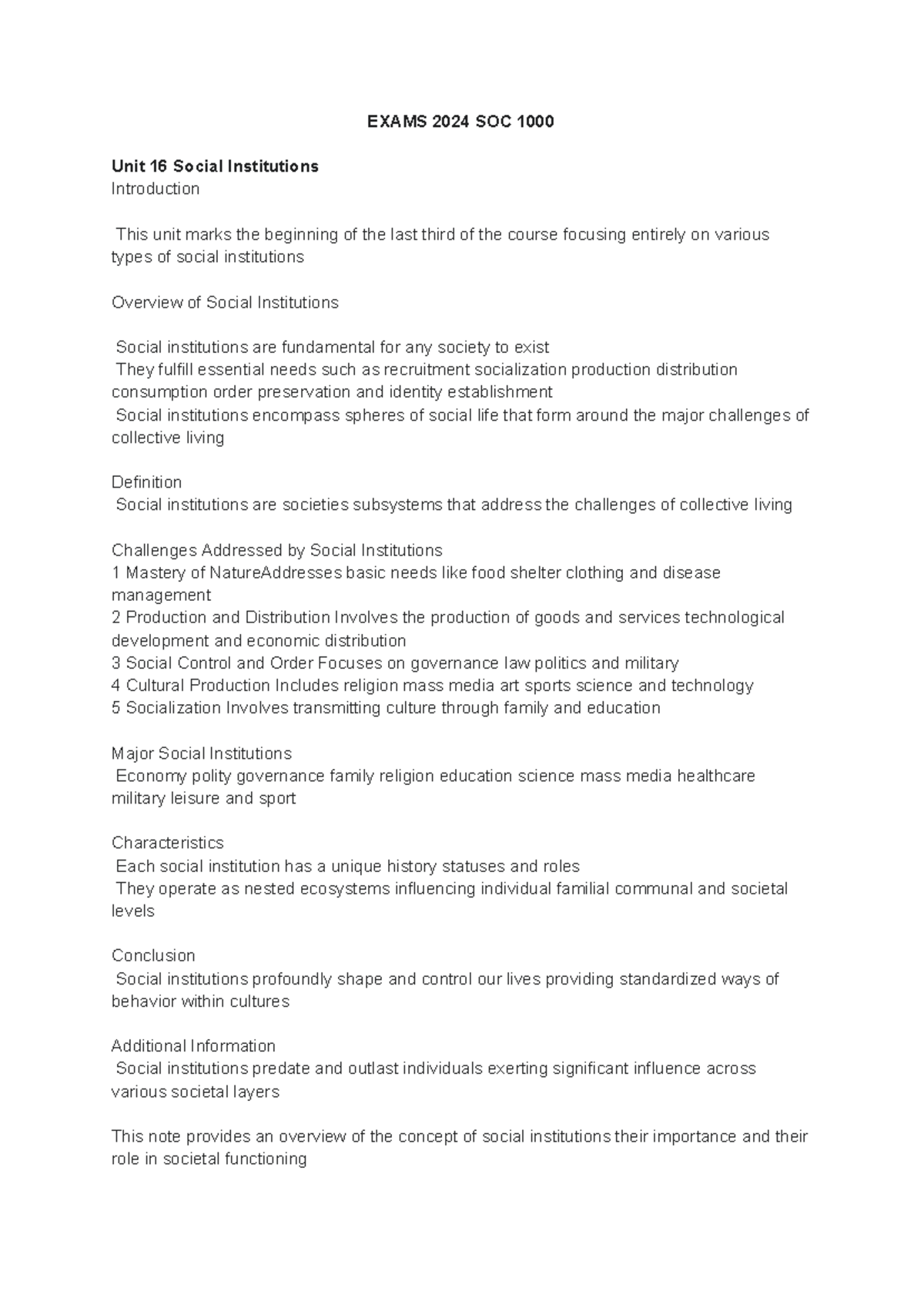 SOC 1000 Final EXAM. U 16-20 Updated - EXAMS 2024 SOC 1000 Unit 16 Social Institutions ...