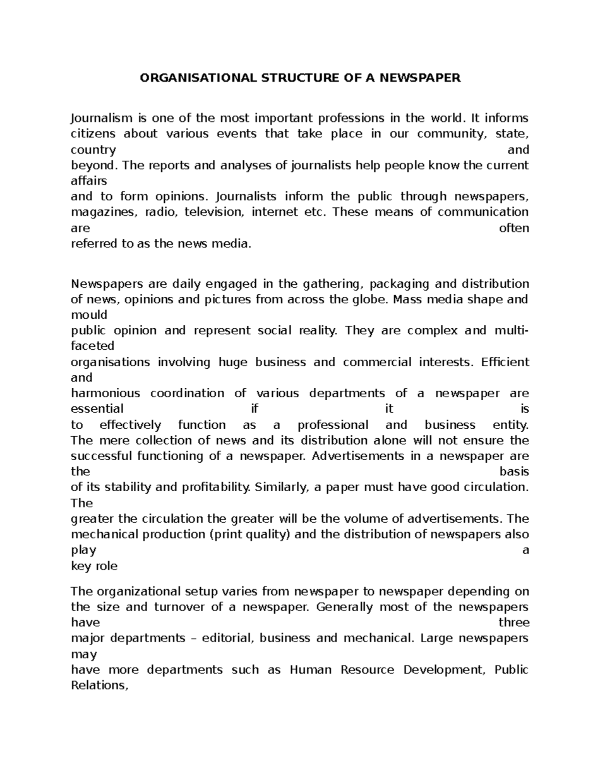 Newspaper Journalism - ORGANISATIONAL STRUCTURE OF A NEWSPAPER ...