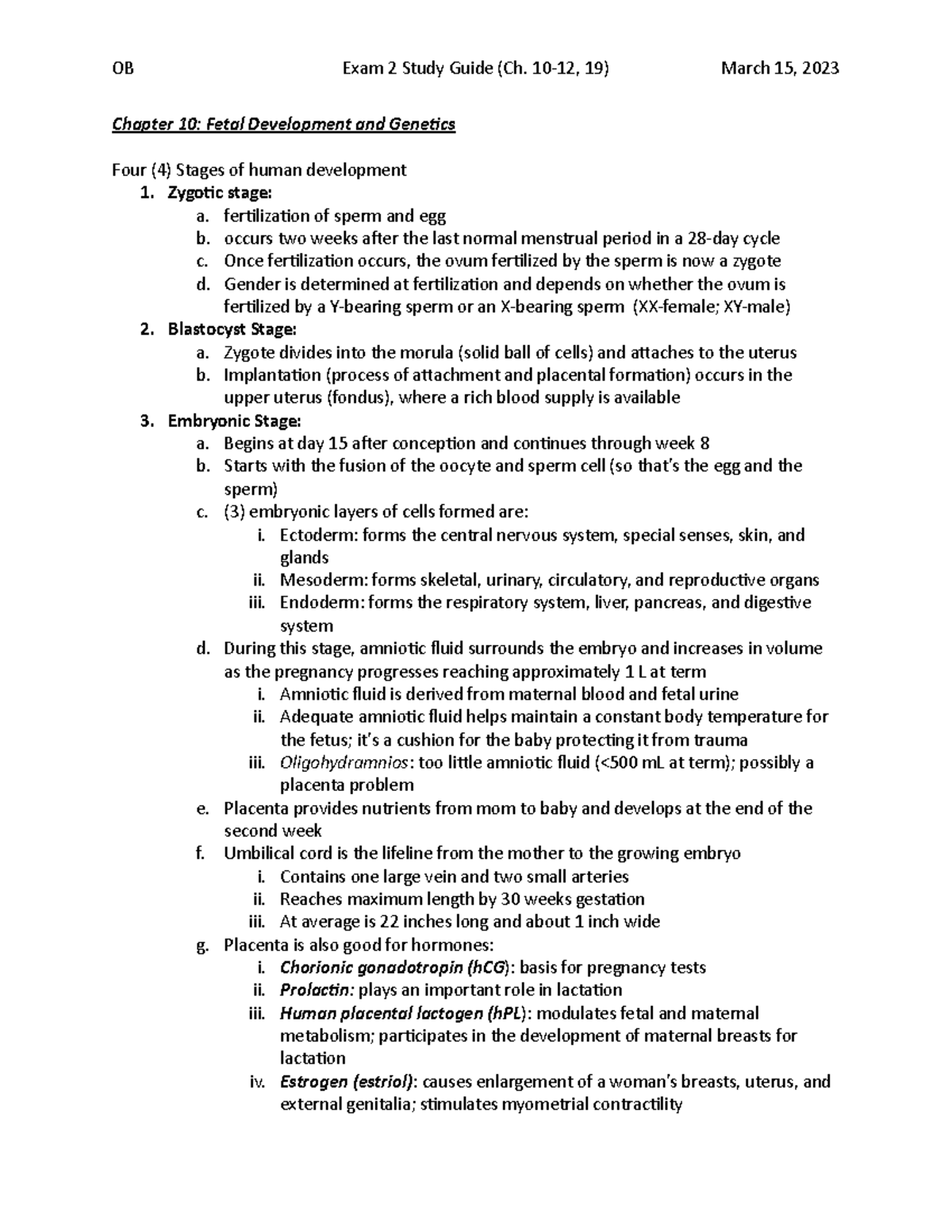 OB Exam 2 Study Guide - Chapter 10: Fetal Development and Genetics Four ...
