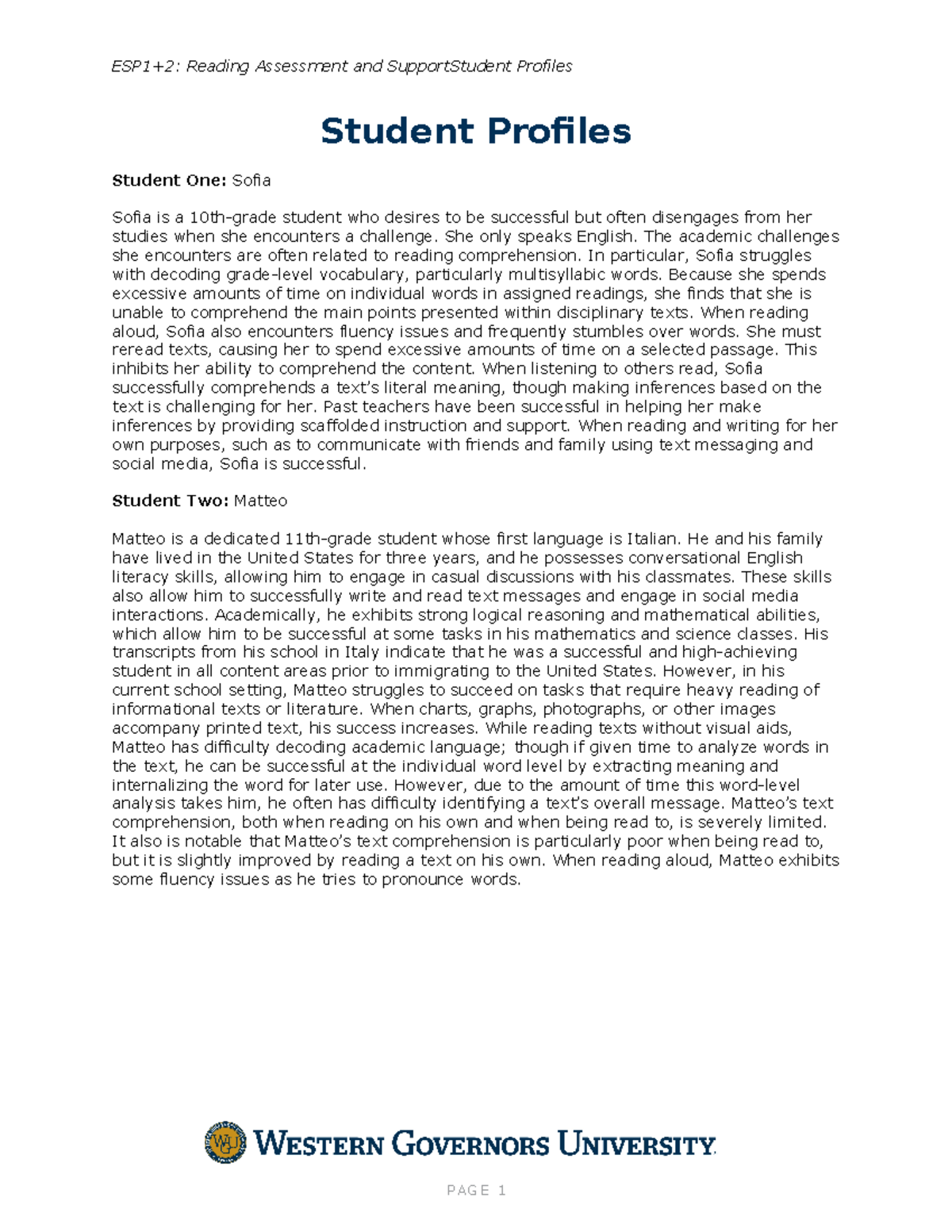 Student Profiles - ESP1+2: Reading Assessment and SupportStudent ...