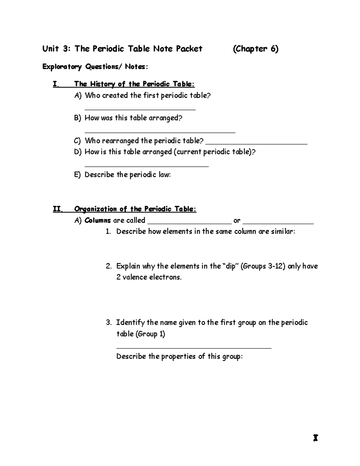 Unit3 Periodic Table Note Pkt - Unit 3: The Periodic Table Note Packet ...