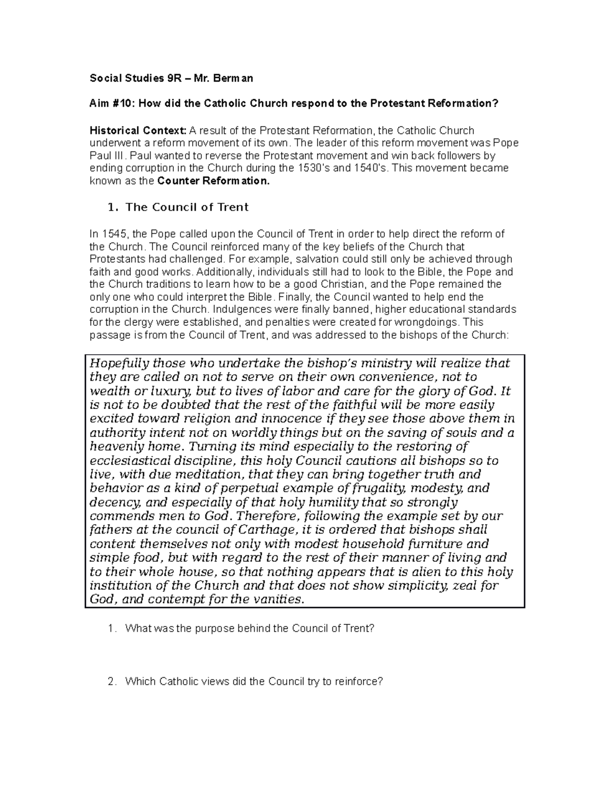 Counter-Reformation Handout - Social Studies 9R – Mr. Berman Aim #10 ...