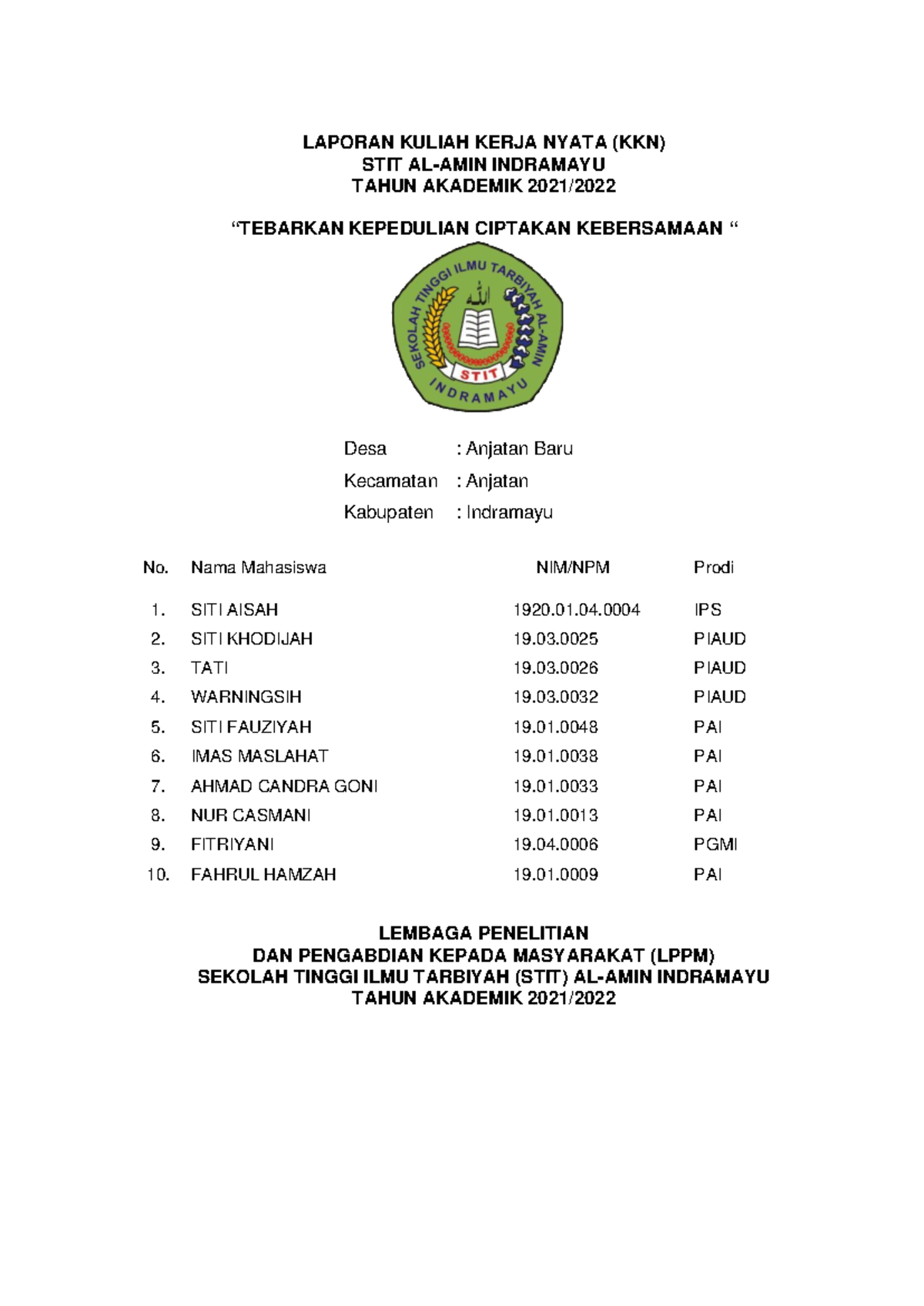 Cover KKN - LAPORAN KULIAH KERJA NYATA (KKN) STIT AL-AMIN INDRAMAYU ...