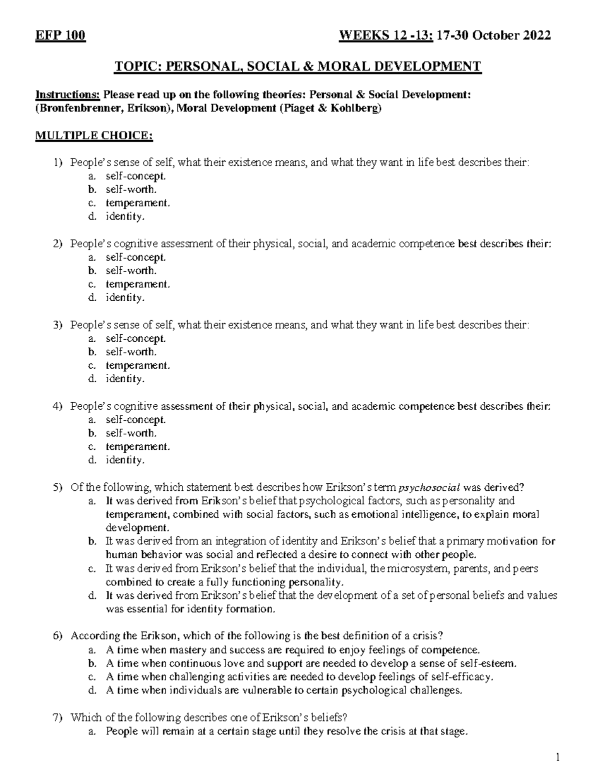 EFP 100 Class Activity - Personal Social Moral Development - EFP 100 WEEKS 12 -13: 17-30 October ...