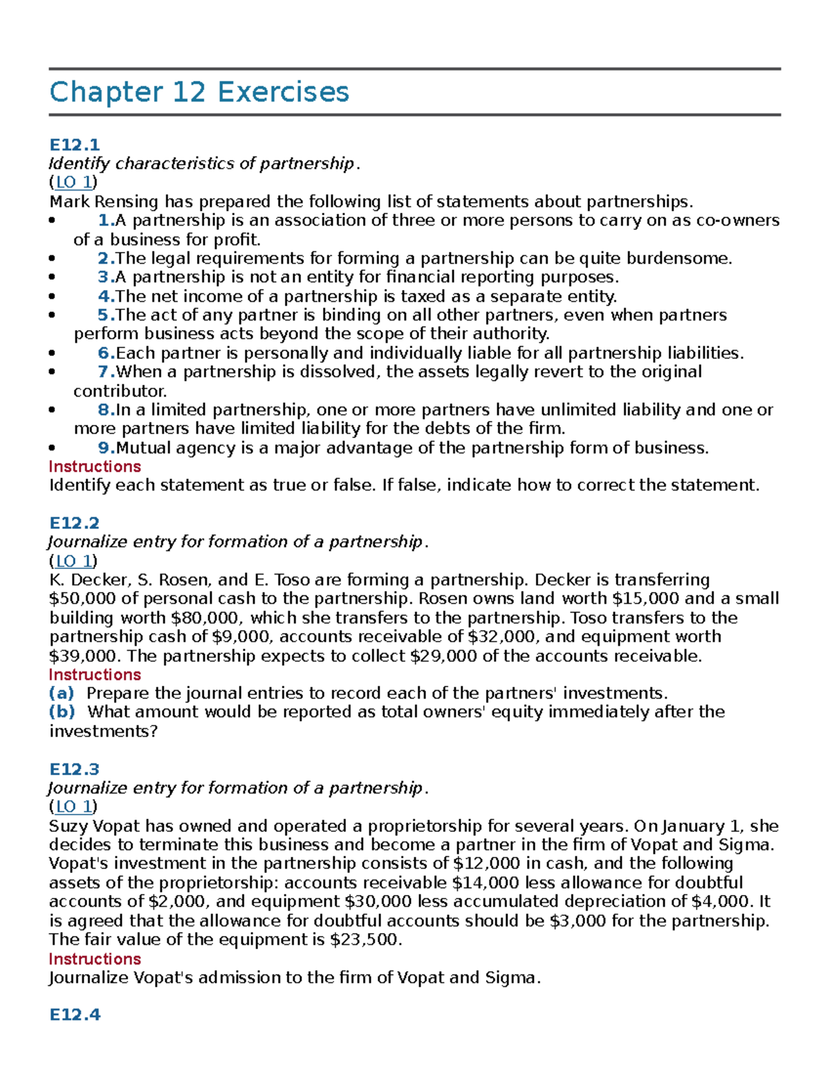 Chapter 12 Exercises - Accounting - Chapter 12 Exercises E12. Identify ...