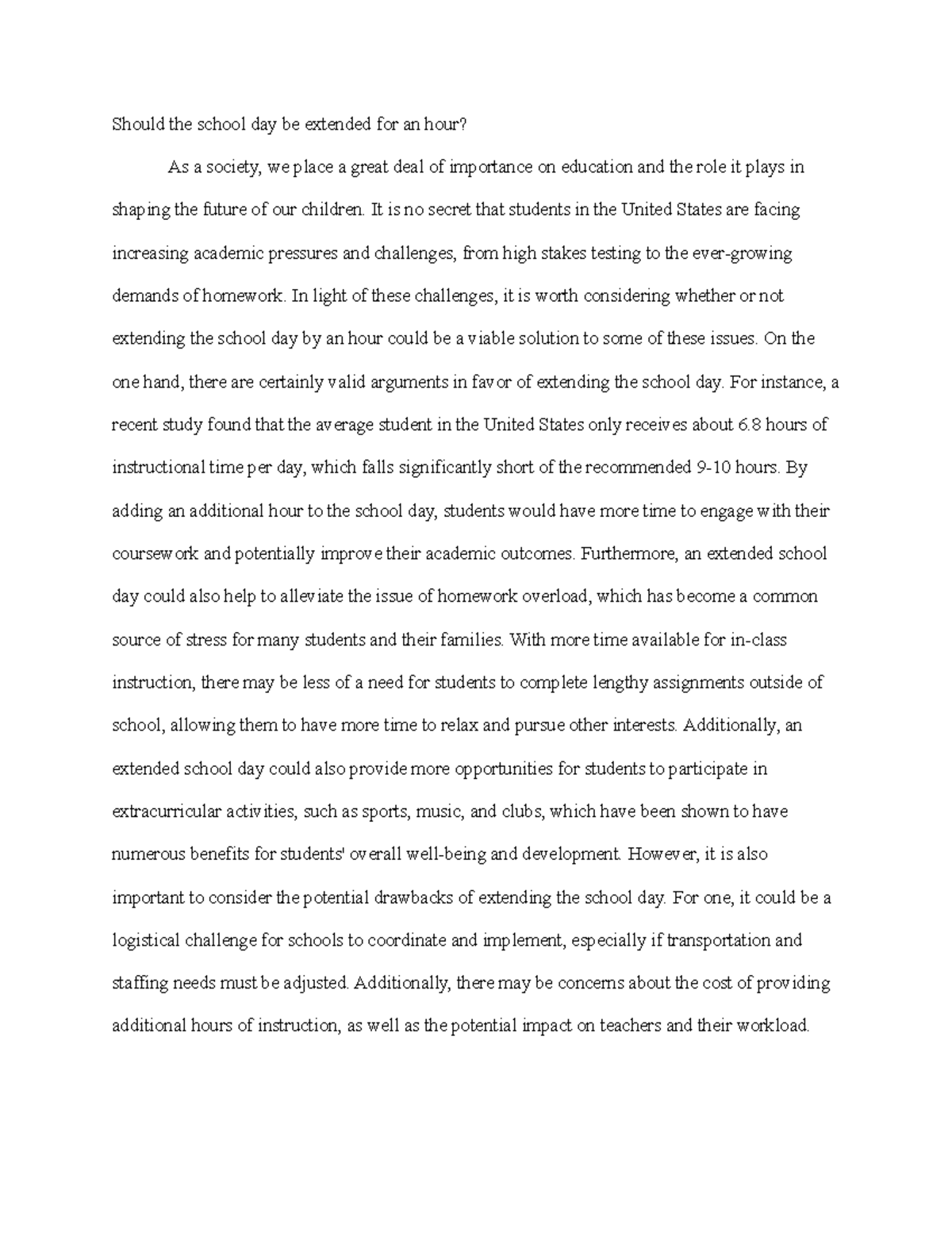 Should the School Day be Extended for an Hour? - Studocu