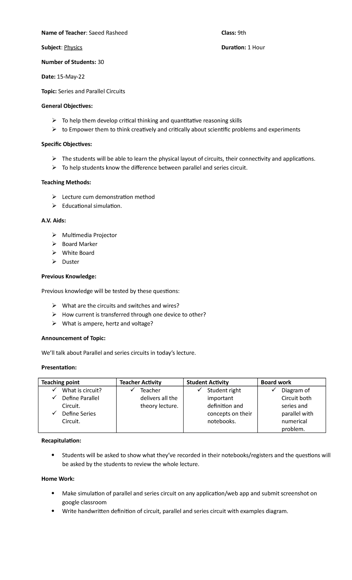 Lesson plan Physics - Name of Teacher: Saeed Rasheed Subject: Physics ...