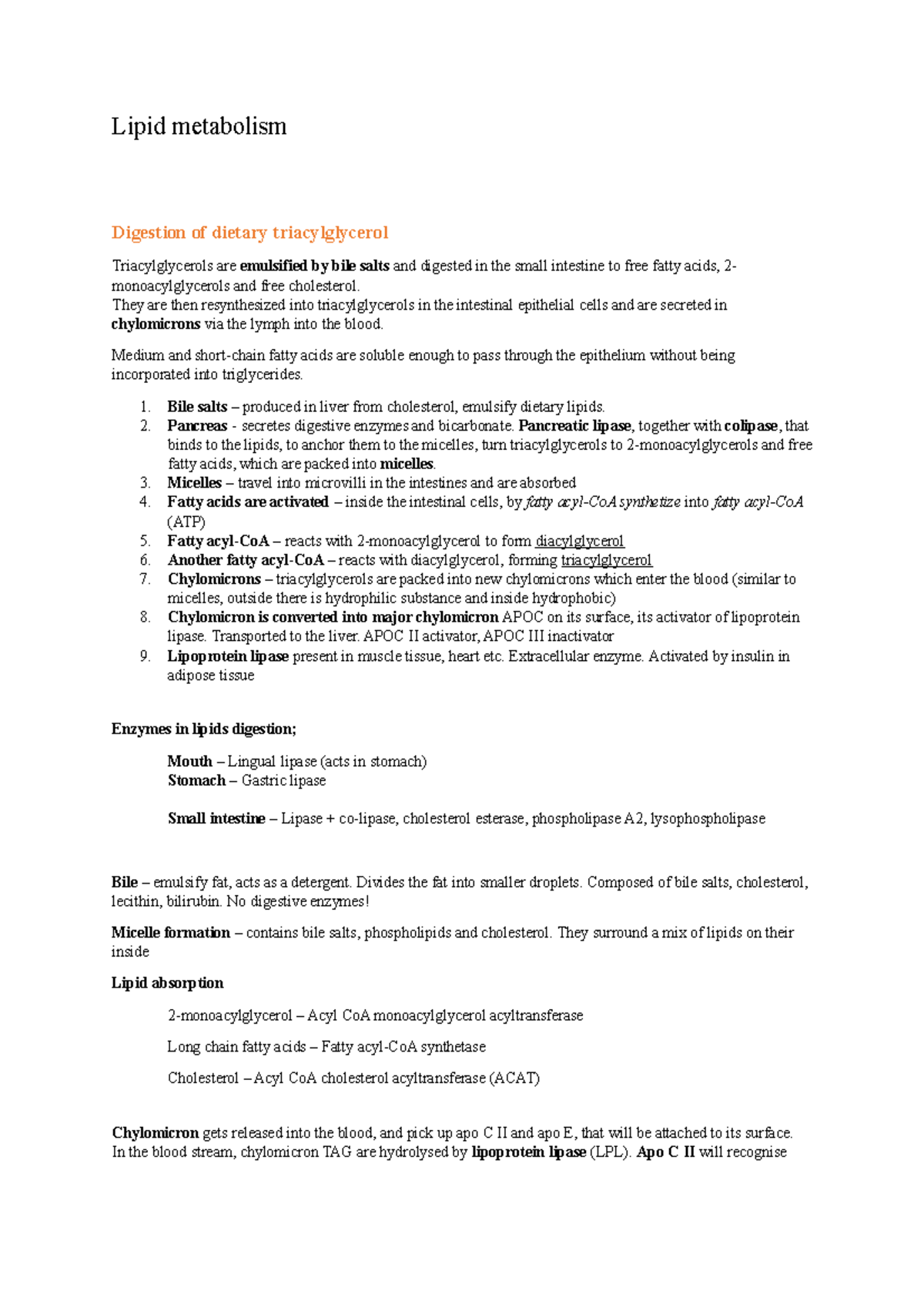 5 Lipid Metabolism - notes and summary from lectures and seminars easy ...