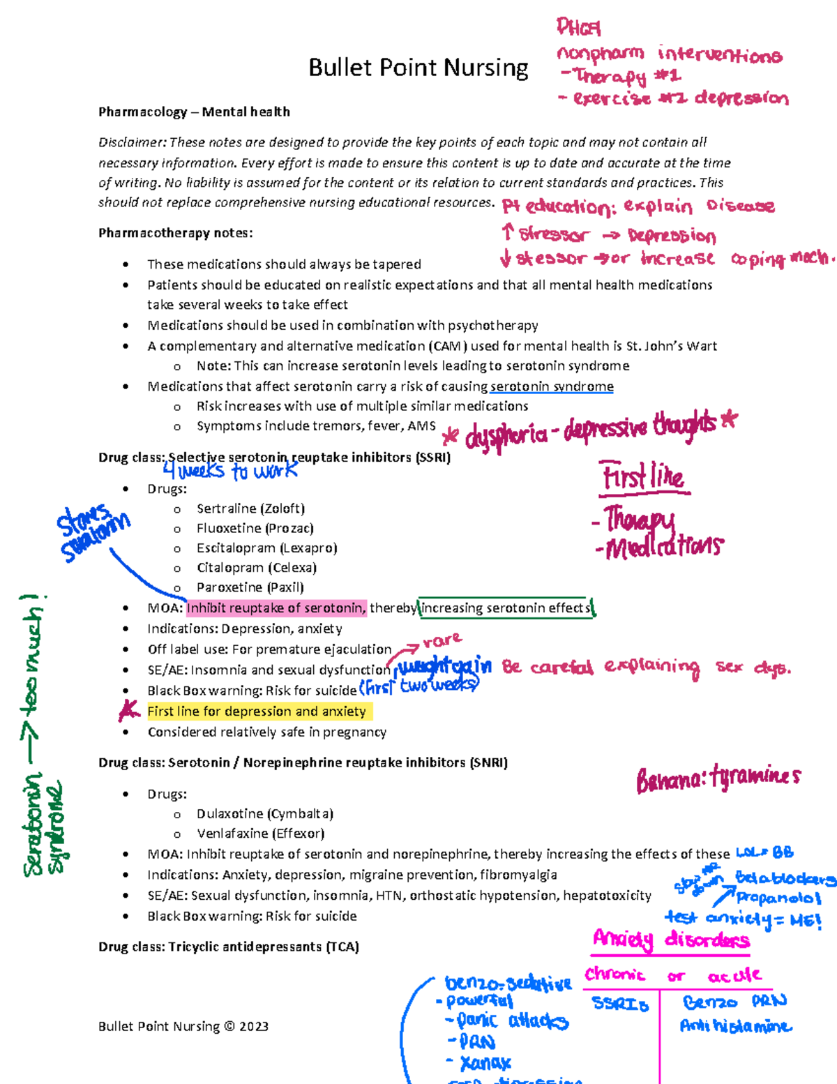 Pharmacology - Mental health notes - Bullet Point Nursing Bullet Point ...