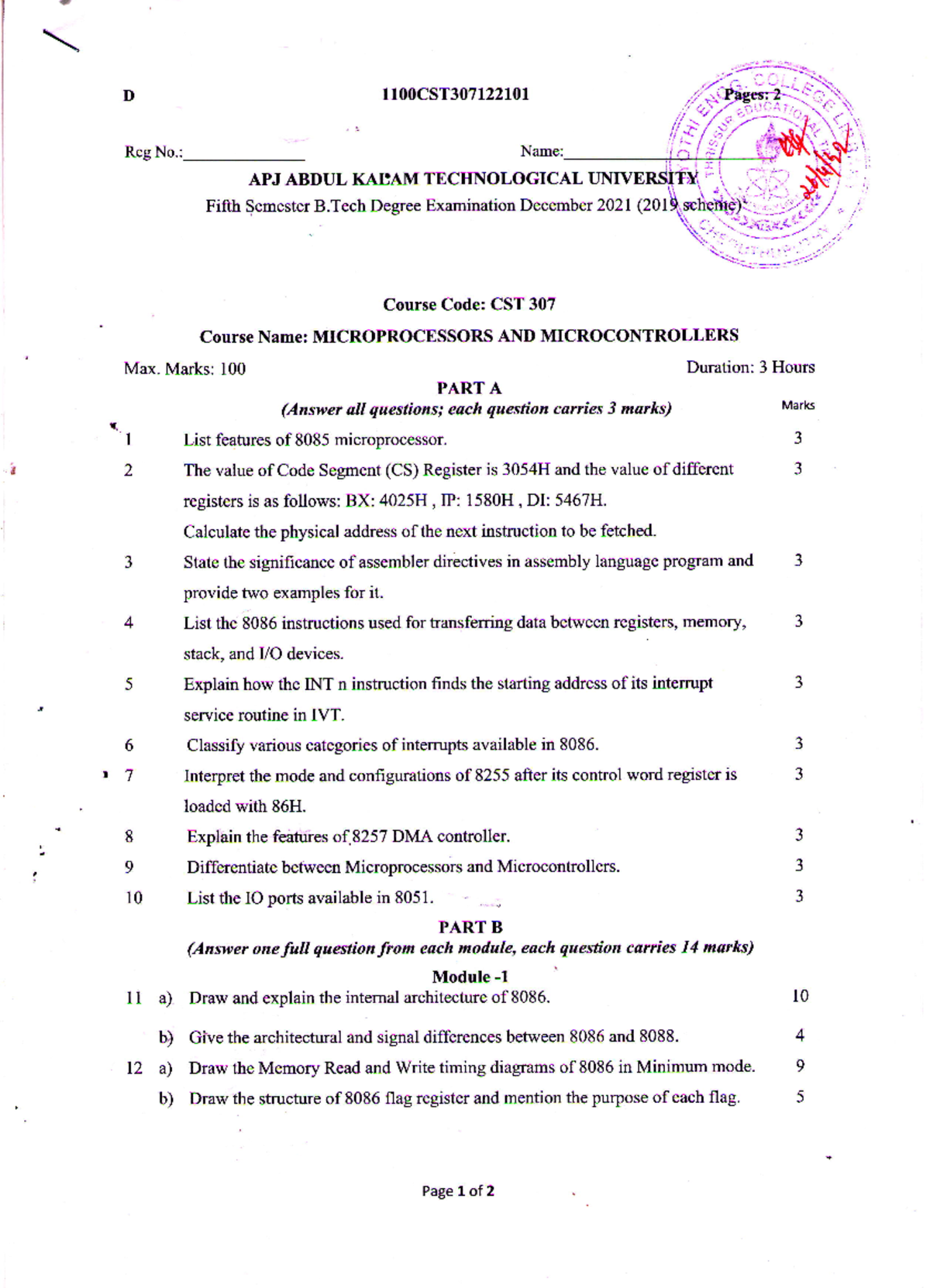 CST307 Microprocessors AND Microcontrollers, December 2021 - D Reg No.: 1100csr Course Code: CST ...