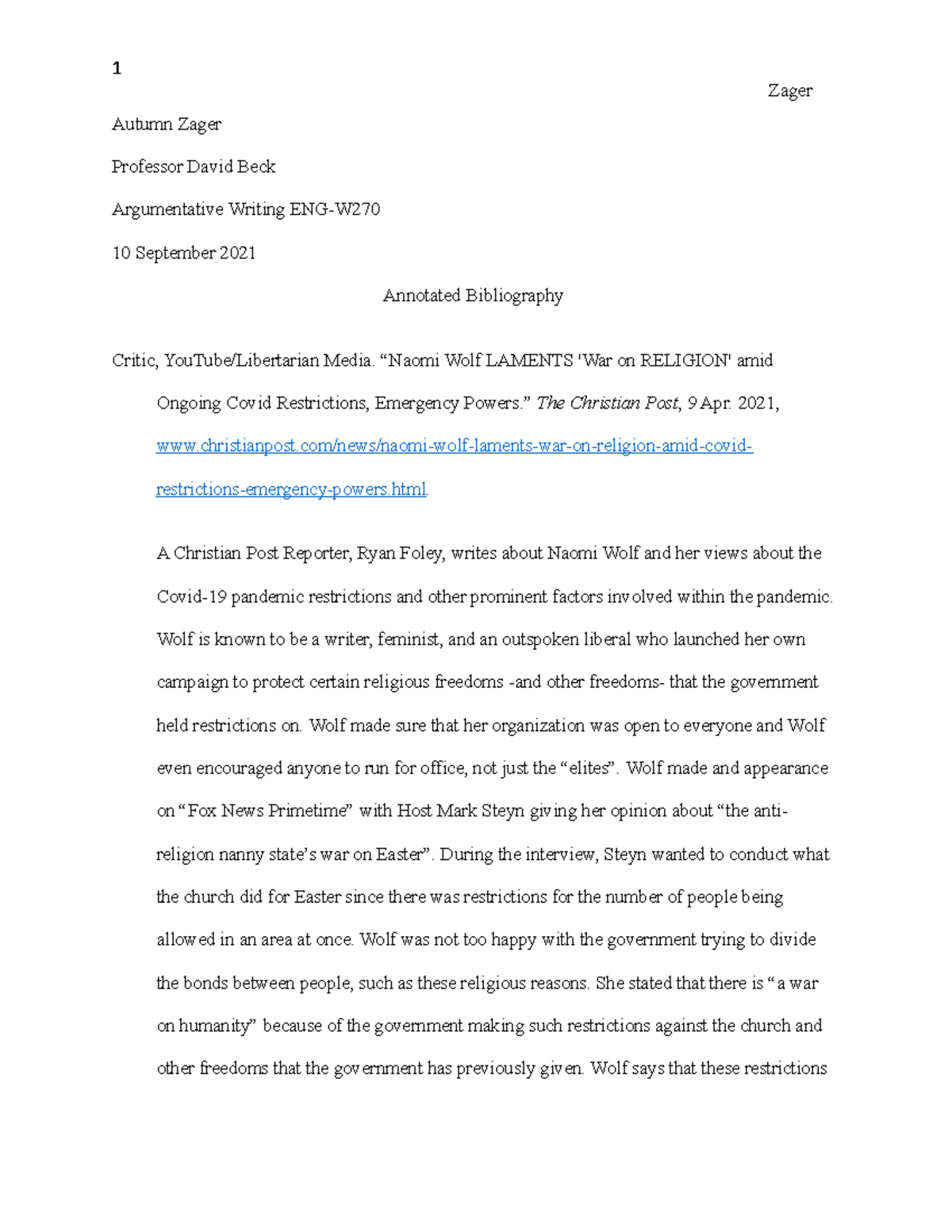 AB1-peer review 2 - Zager Autumn Zager Professor David Beck ...