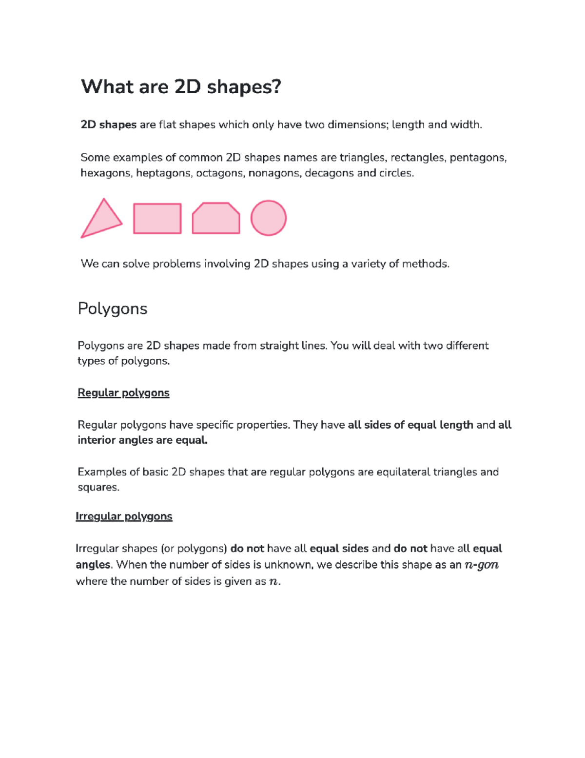 Shapes Notes - Properties of 2D shapes Circles A semicircle has 2 sides ...