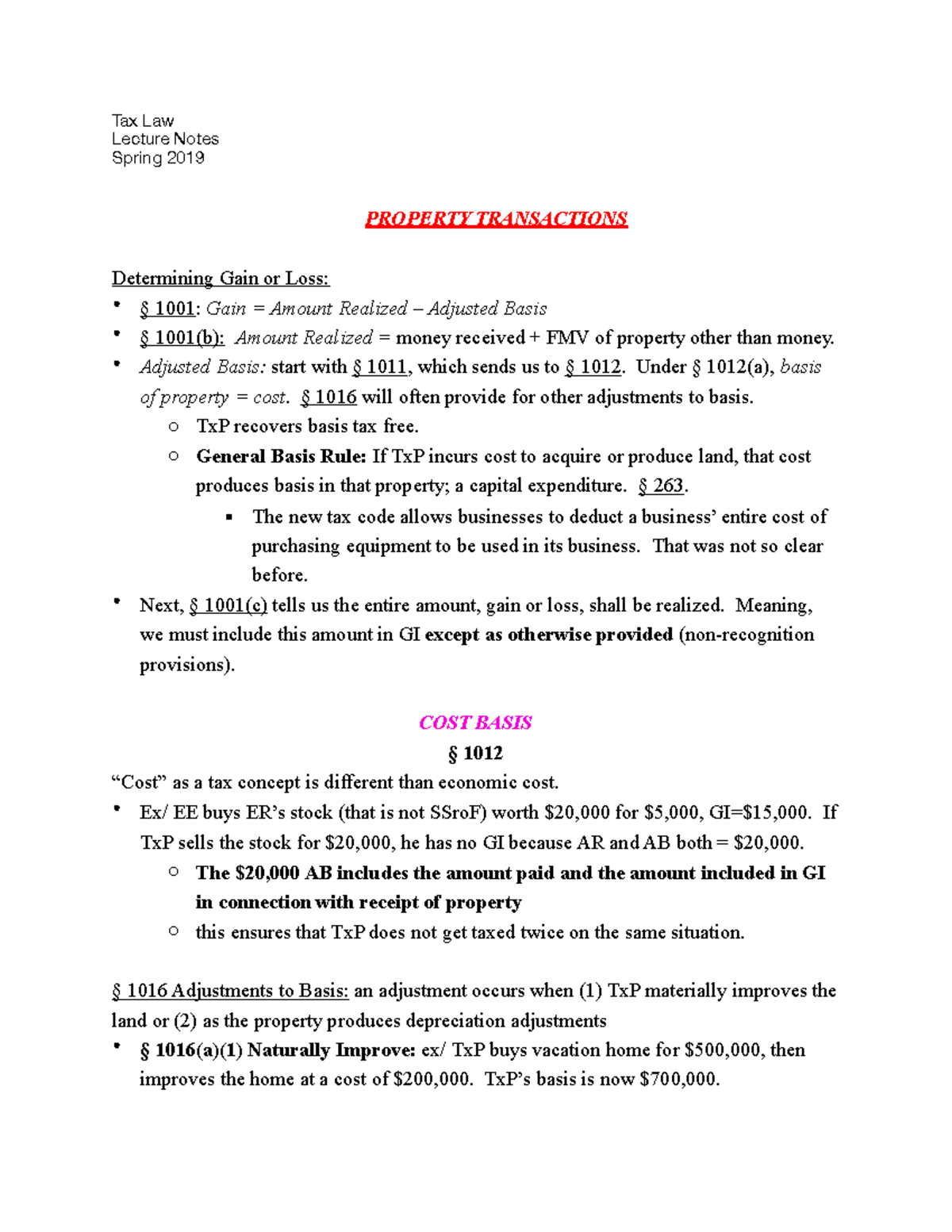 Property Transactions - Tax Law Lecture Notes Spring 2019 PROPERTY ...