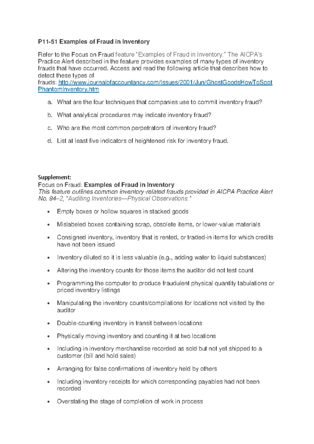 Case 7 P11-51 Examples of Fraud in Inventory - P11-51 Examples of Fraud ...