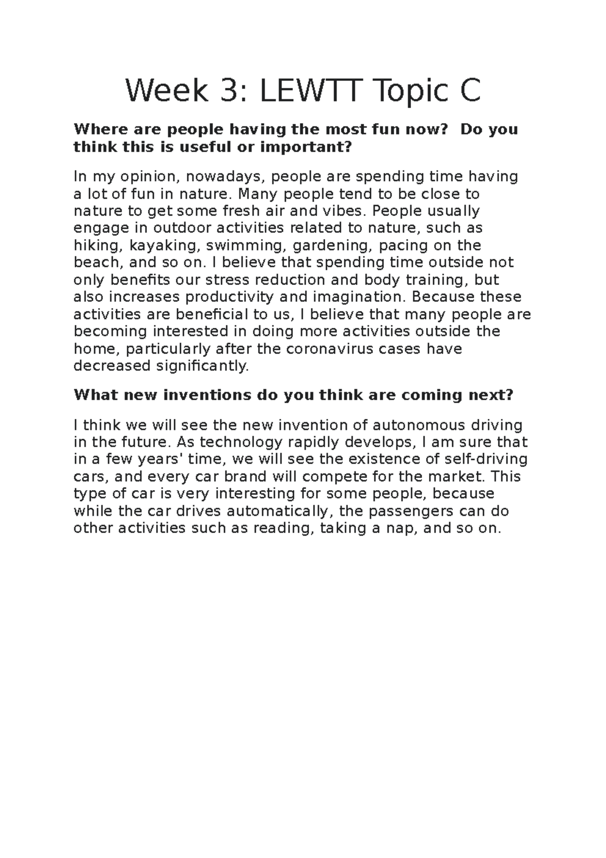 Week 3 Topic C - spend time on nature and invention - Week 3: LEWTT ...
