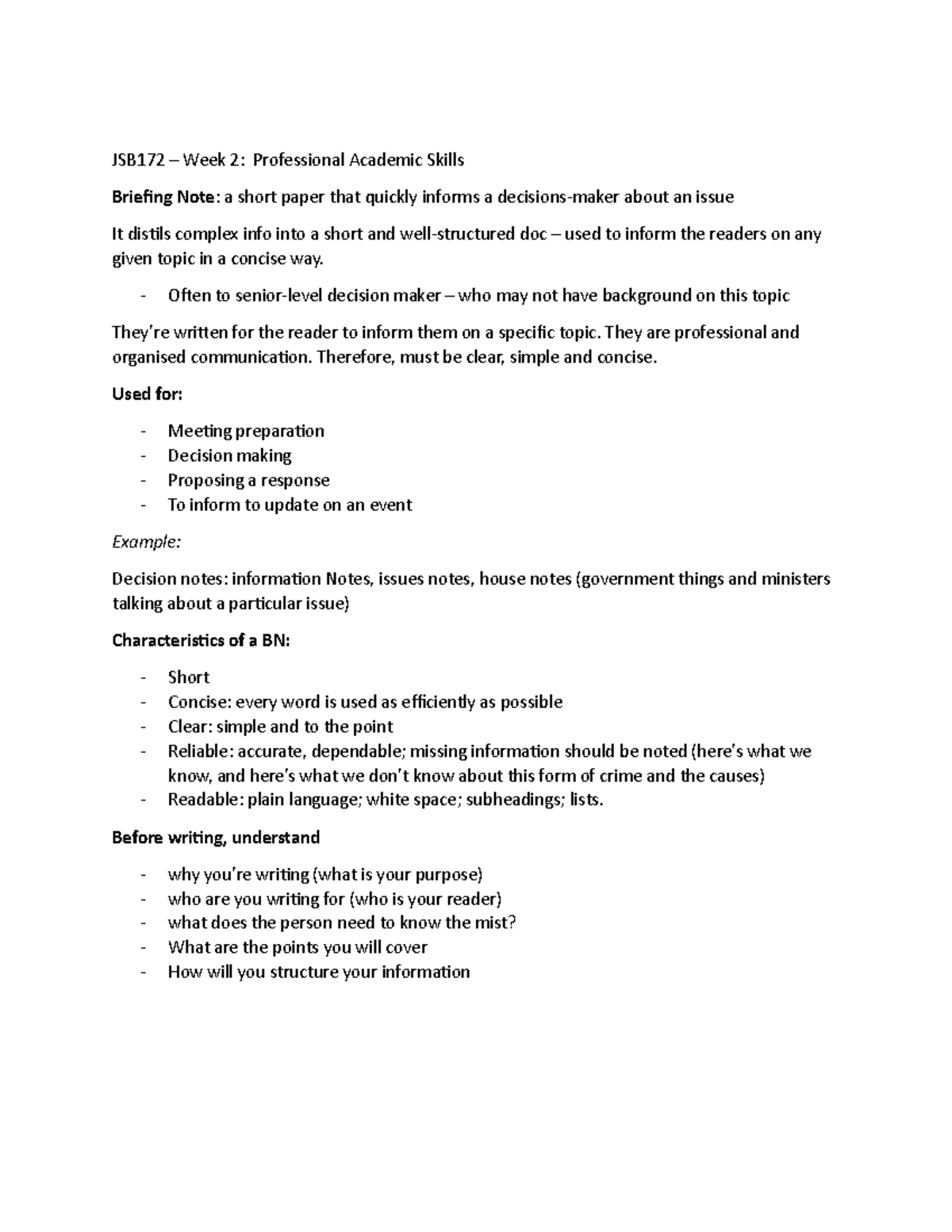JSB172 week 2 BN tips - Tips and Structure for the Briefing Note ...