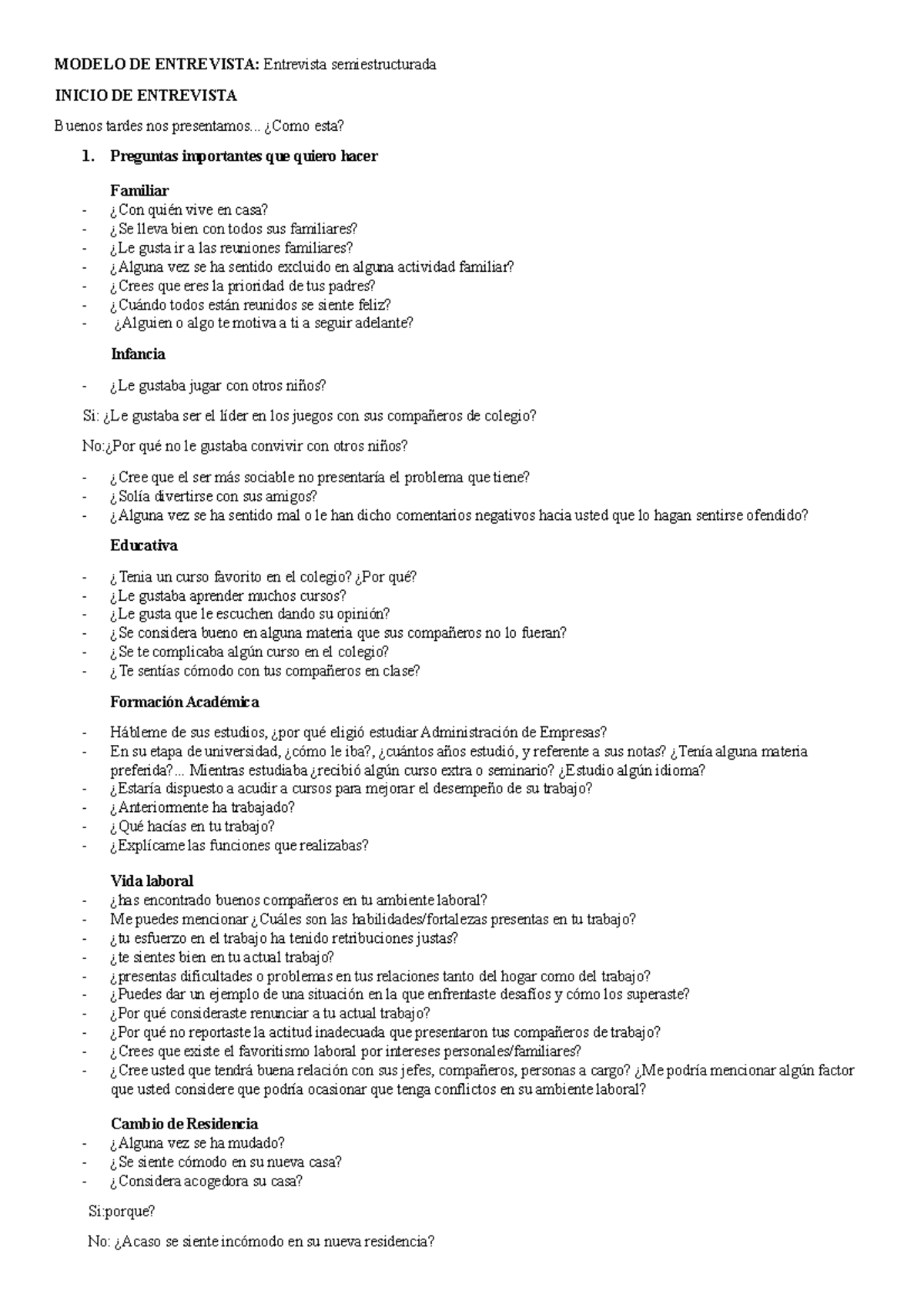 Modelo de entrevista - MODELO DE ENTREVISTA: Entrevista semiestructurada INICIO DE ENTREVISTA ...