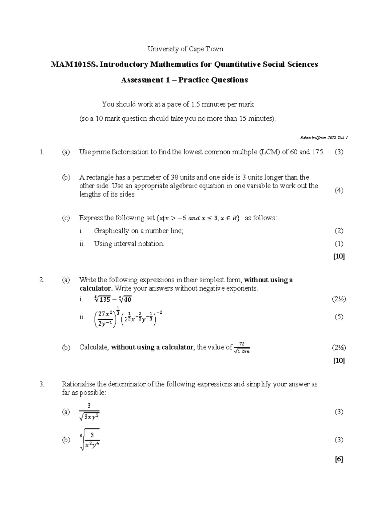 Worksheet Past Papers exponents surds - University of Cape Town ...