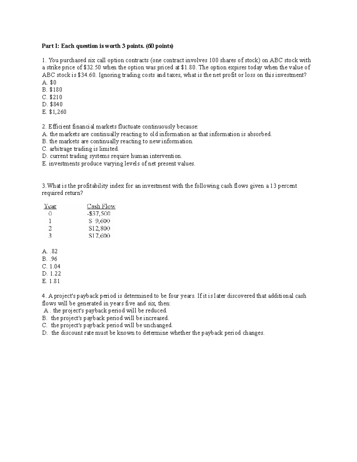 Sample+(Final) - Sample final papers - Part I: Each question is worth 3 ...