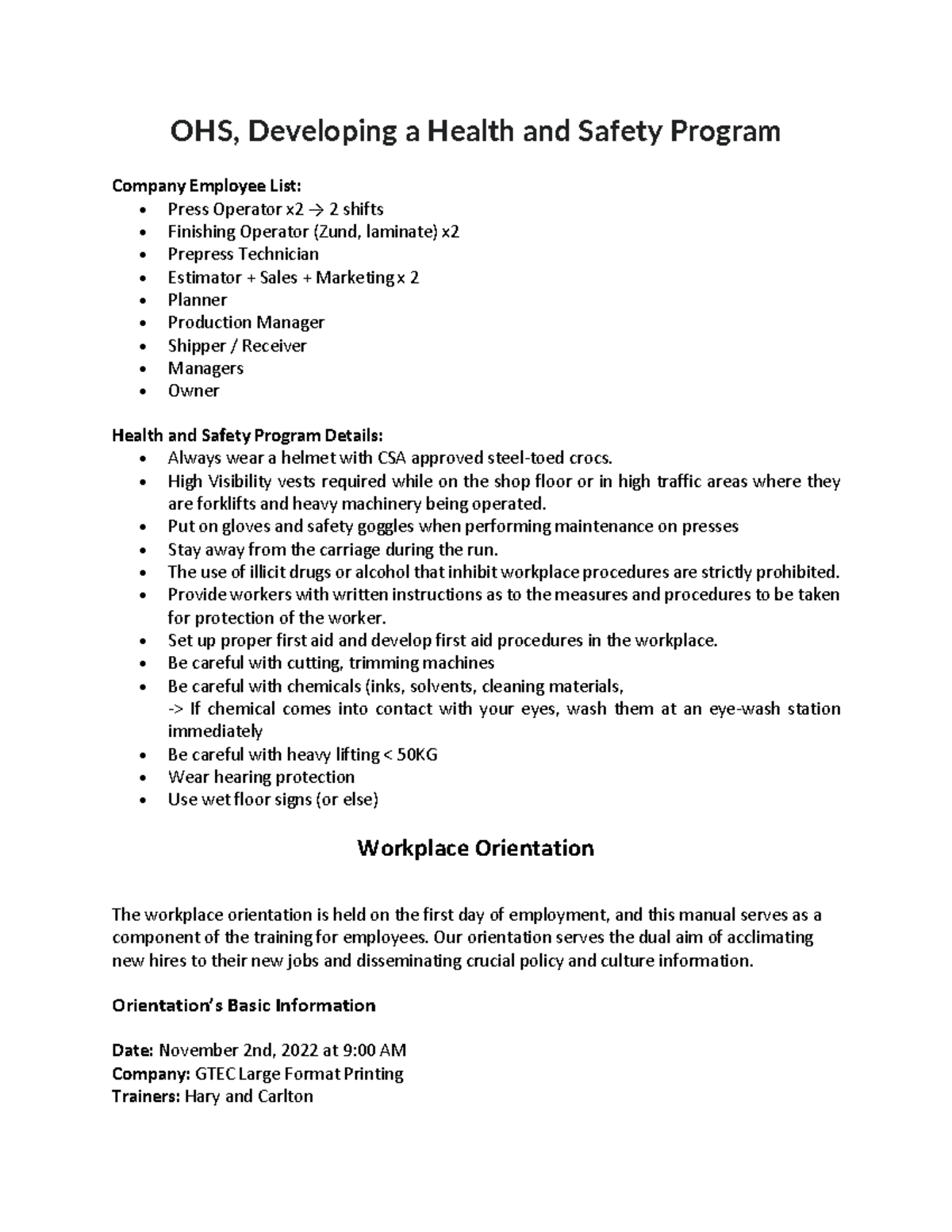 OHS Final - OHS, Developing a Health and Safety Program Company ...