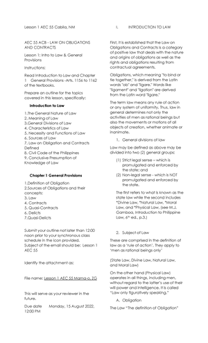 Lecture Notes Art 1156-1230 - DEFINITION OF LAW Sanchez Roman A rule of ...