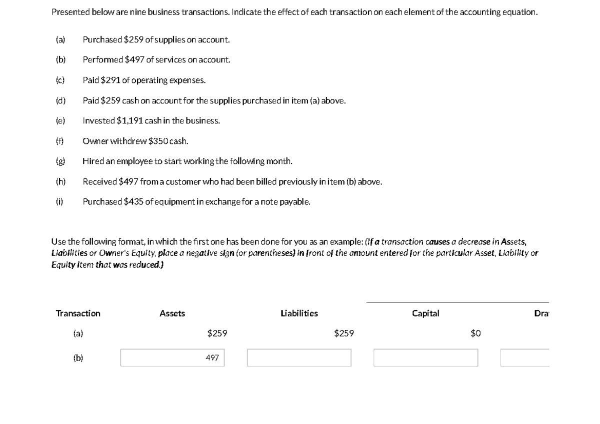 Lab Practice Chapter 3 - Presented below are nine business transactions. Indicate the effect of ...