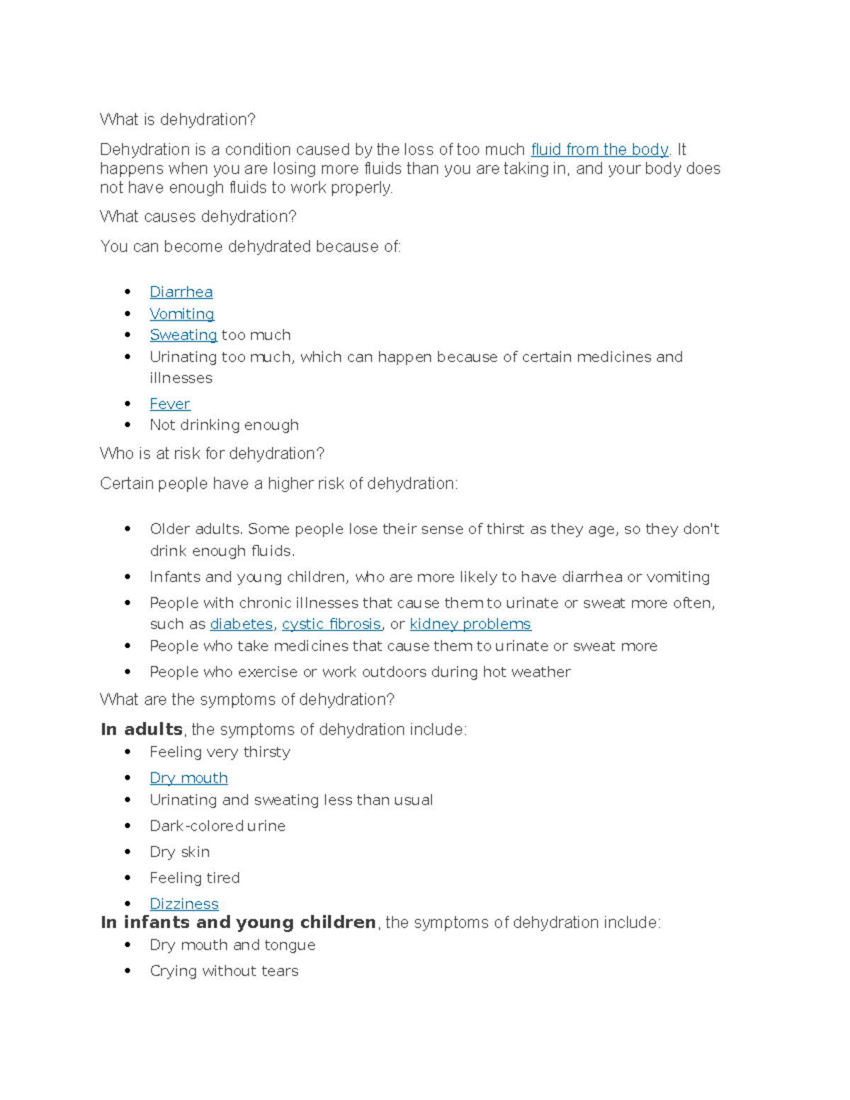 Health teaching 2 - NOTES - What is dehydration? Dehydration is a ...