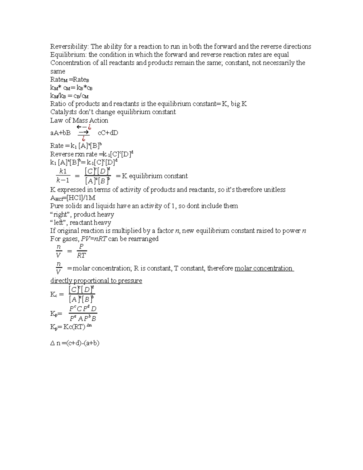 Chemistry Notes- Chemical Equilibrium - Reversibility: The ability for ...