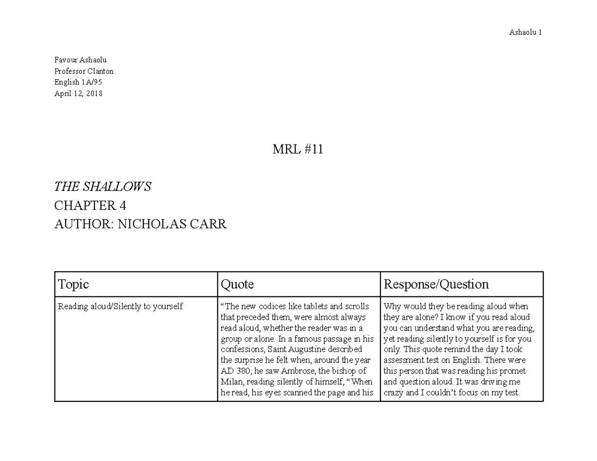 MRL #11 - THE SHALLOWS CHAPTER 4 AUTHOR: NICHOLAS CARR - Ashaolu 1 ...