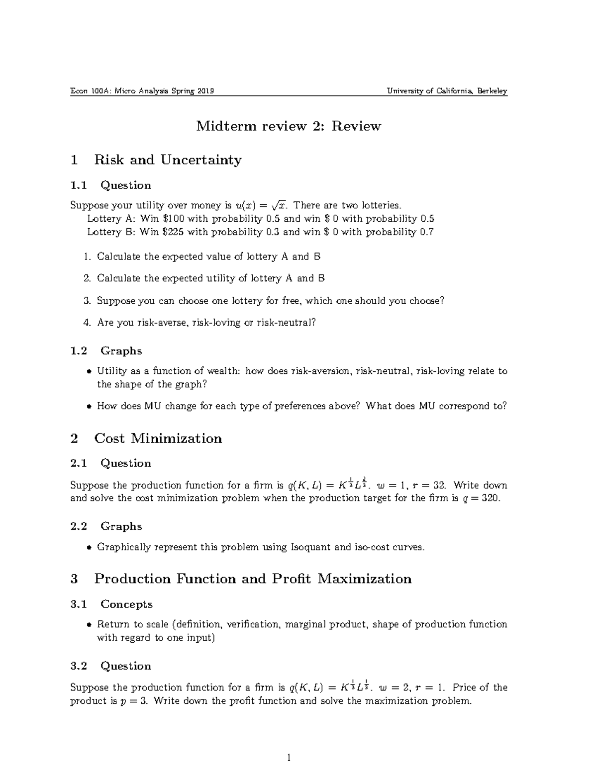 MT2 review - Econ 100A: Micro Analysis Spring 2019 University of California, Berkeley Midterm ...