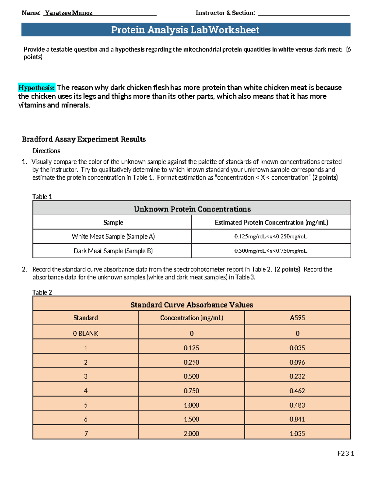 Protein Analysis Data lab - Protein Analysis Lab Worksheet Provide a ...