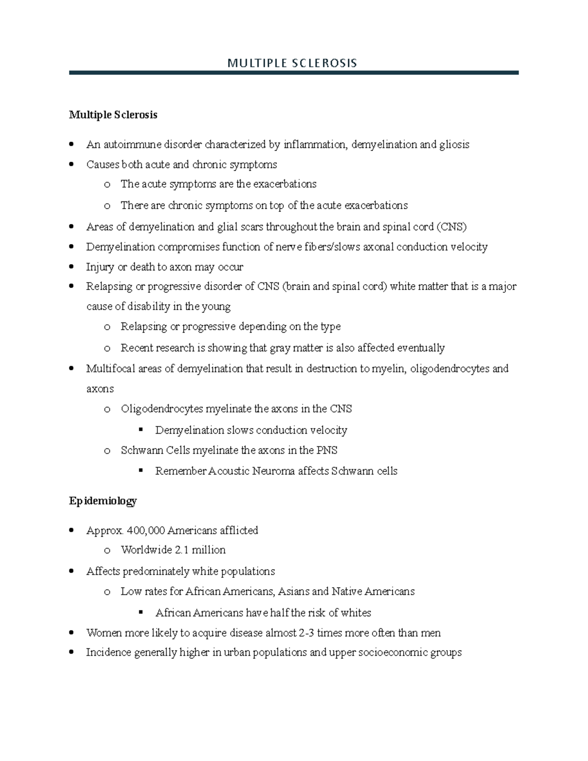 Multiple Sclerosis - Lecture notes week 5 - MULTIPLE SCLEROSIS Multiple ...