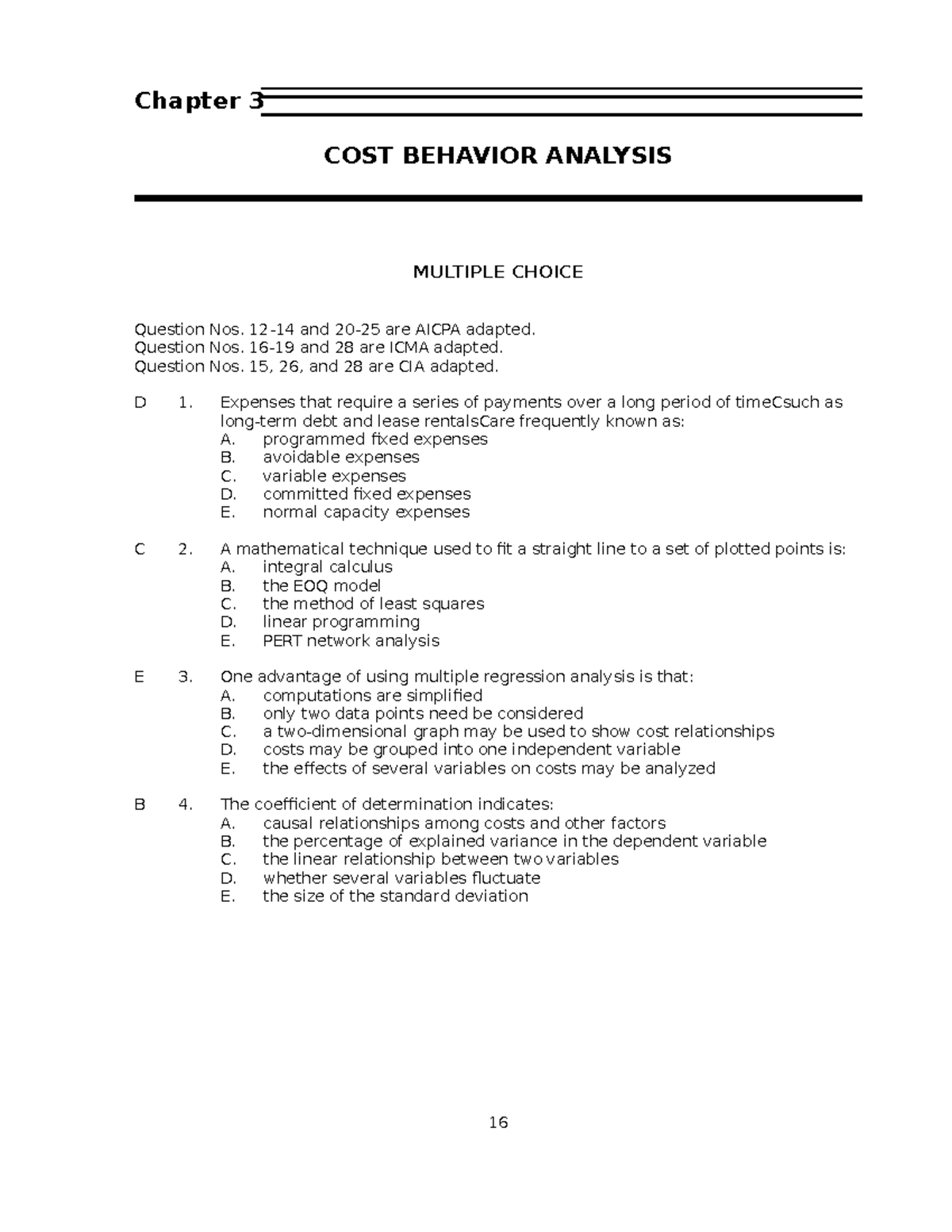 Sample/practice exam, questions and answers - Chapter 3 COST BEHAVIOR ANALYSIS MULTIPLE CHOICE ...