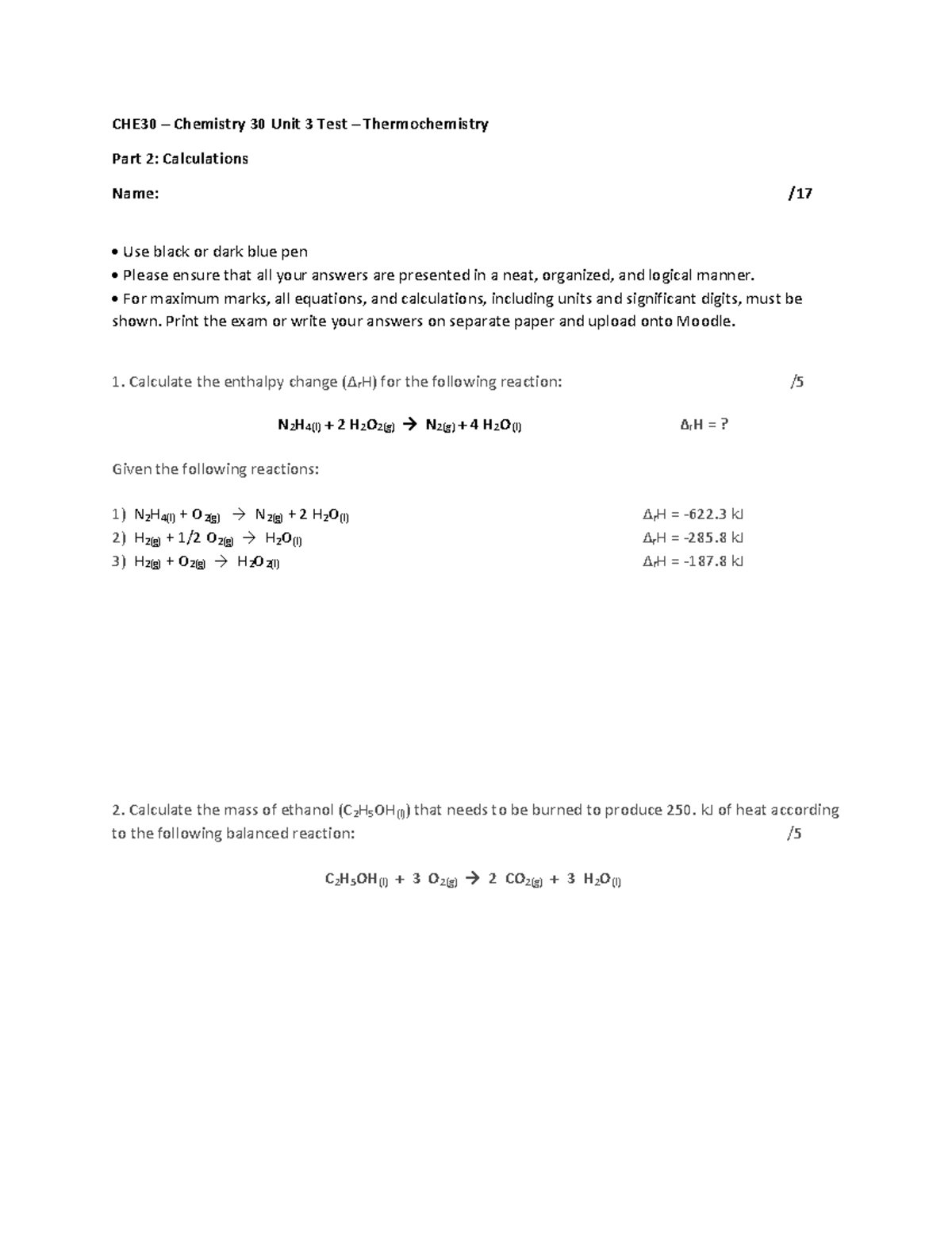 CHE30 Unit 3Test version 2 - CHE30 – Chemistry 30 Unit 3 Test ...