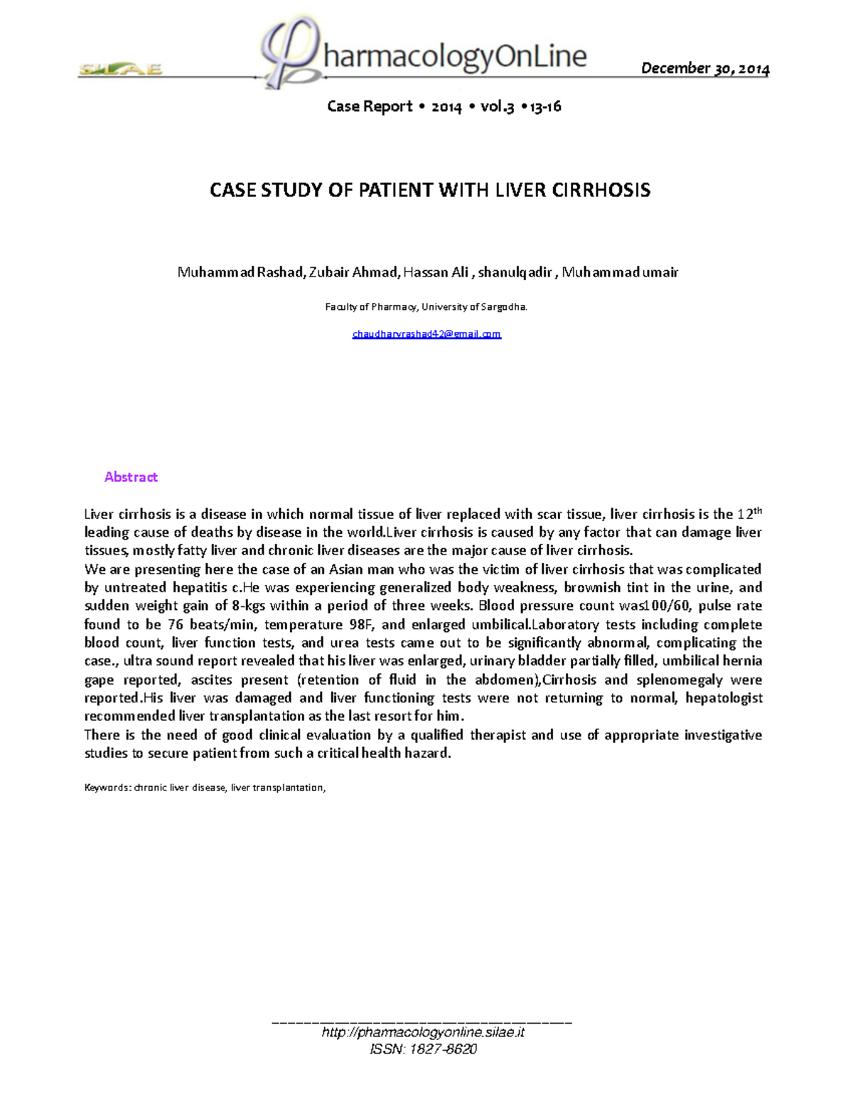 Liver Cirrhosis Case Study - Case Report • 2014 • vol •13- CASE STUDY ...