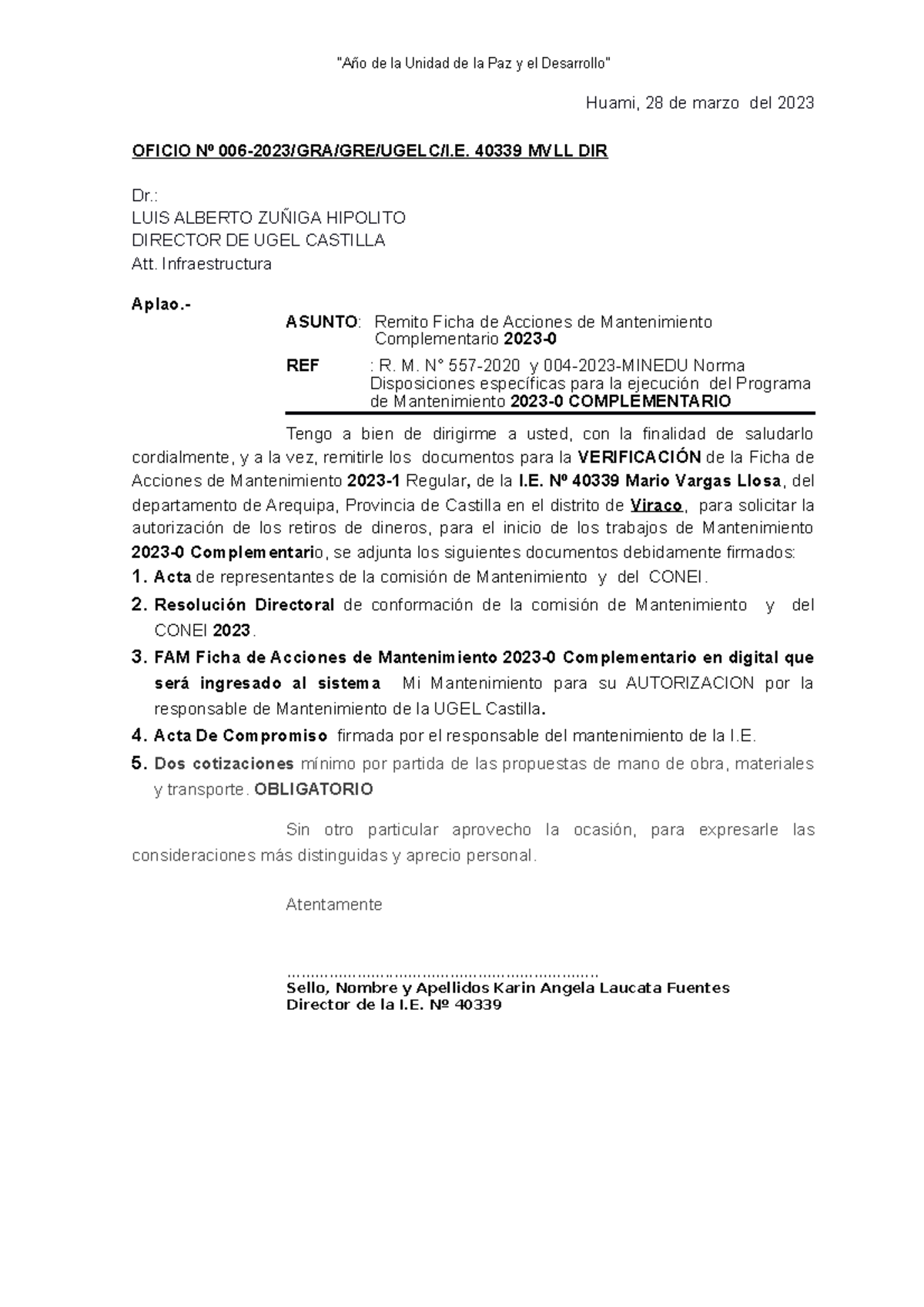 Formatos Inicio Mantenimiento 2023-0 Complementario Oficio 006 - Huami, 28 de marzo del 2023 ...
