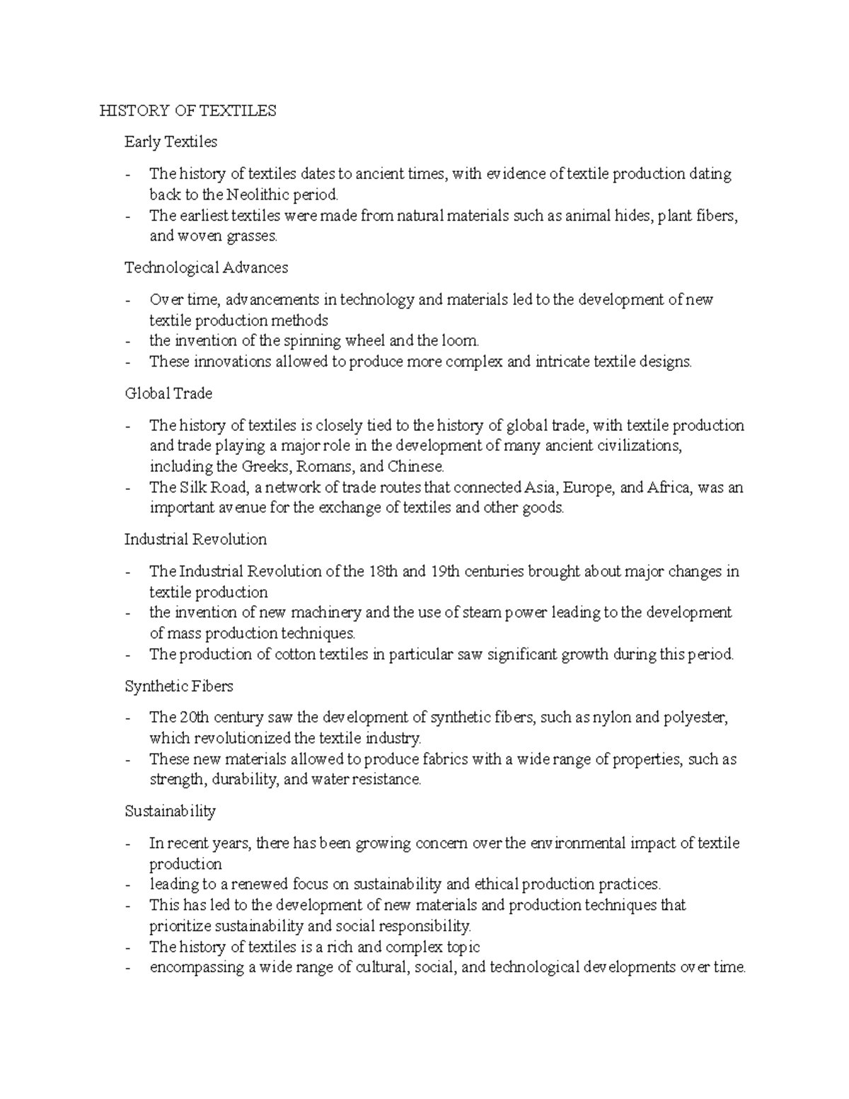 History OF Textiles Notes 1 - HISTORY OF TEXTILES Early Textiles The ...