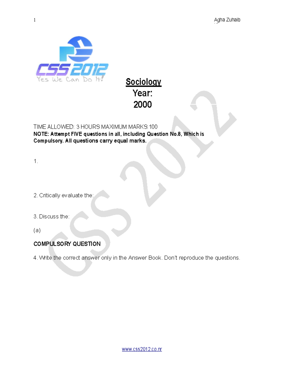 Css sociology 2000 merged converted - 1 Agha Zuhaib Khan css2012.co ...