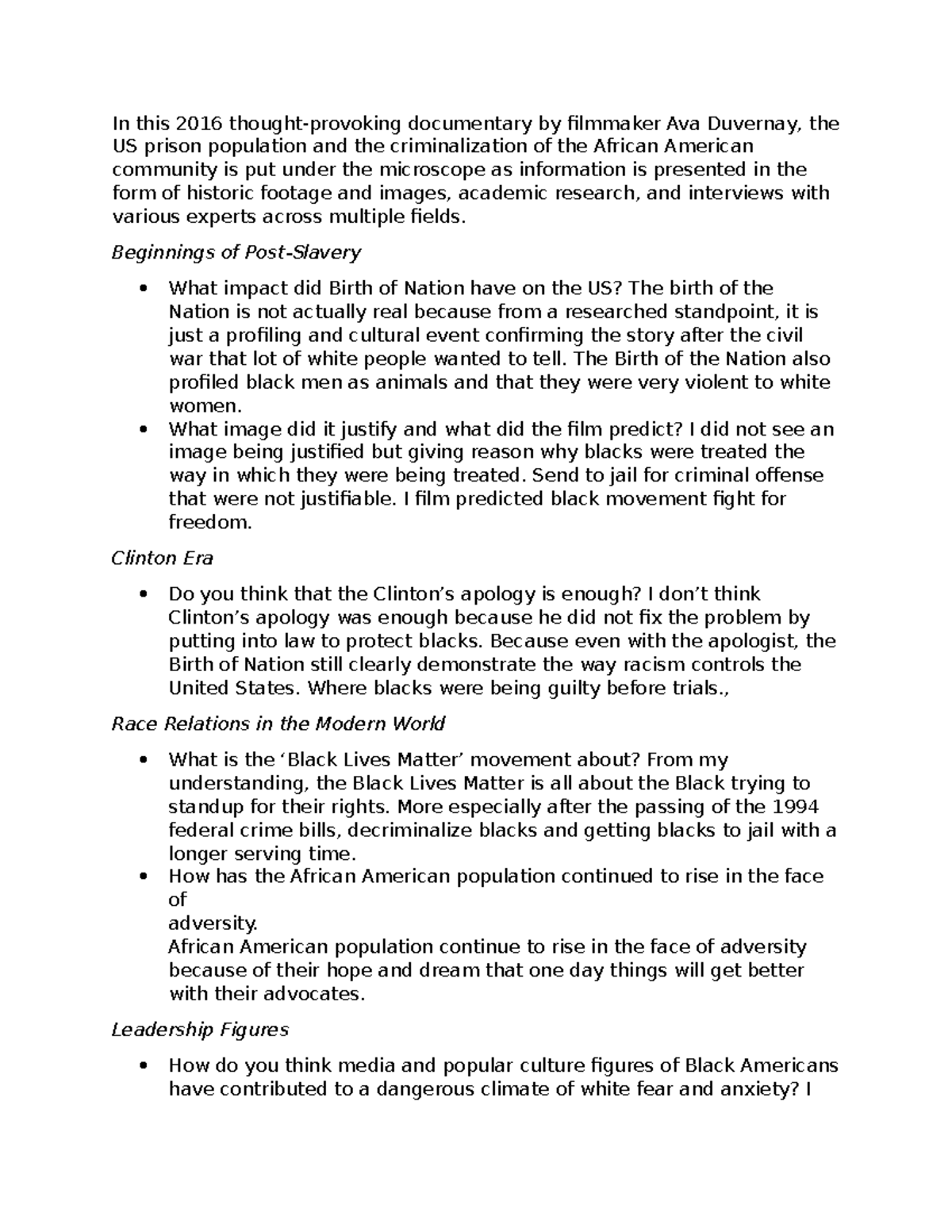 13th questions with rubric - In this 2016 thought-provoking documentary ...