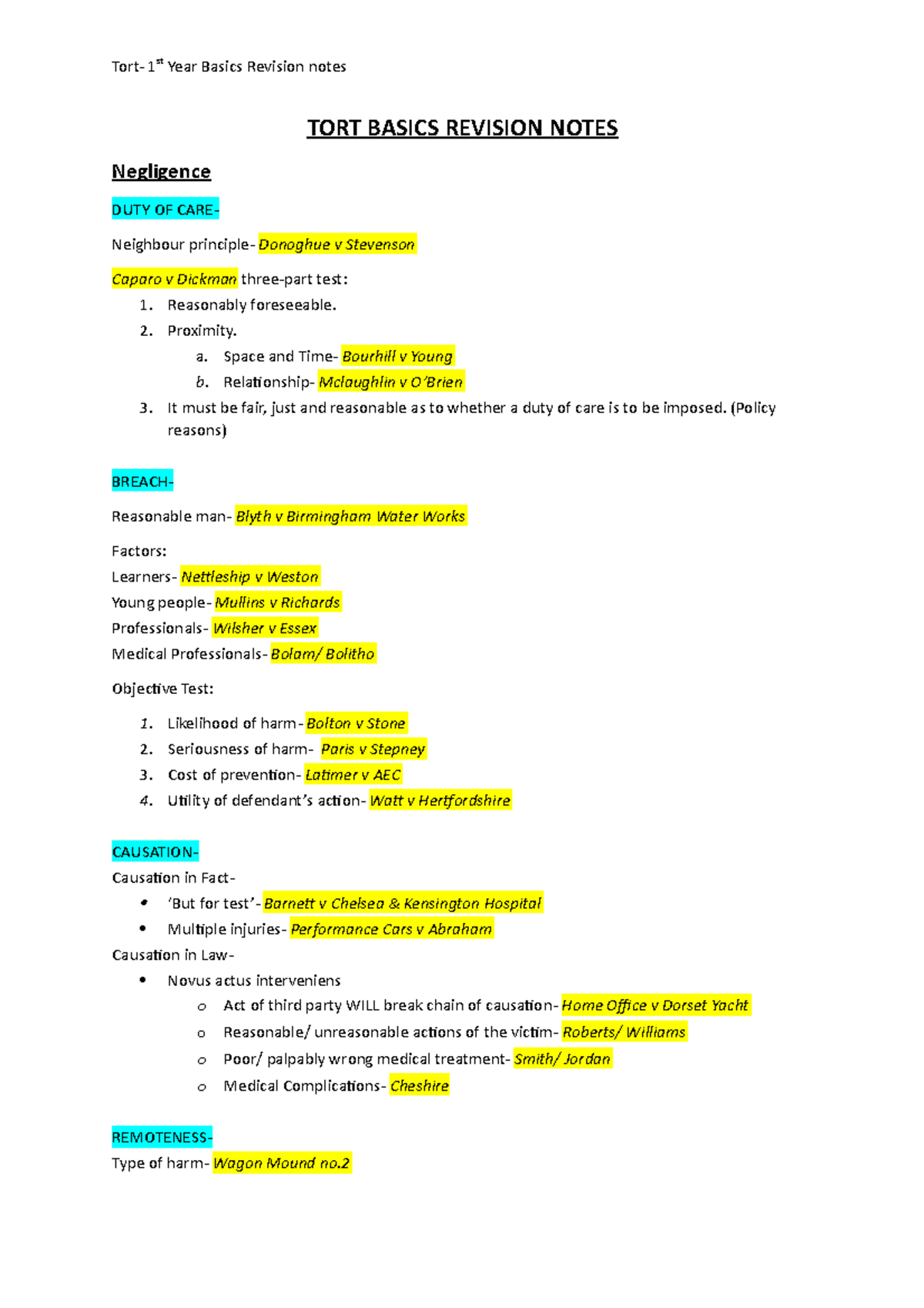 TORT Basics Revision Notes - 1st Year Basics Revision notes TORT BASICS ...